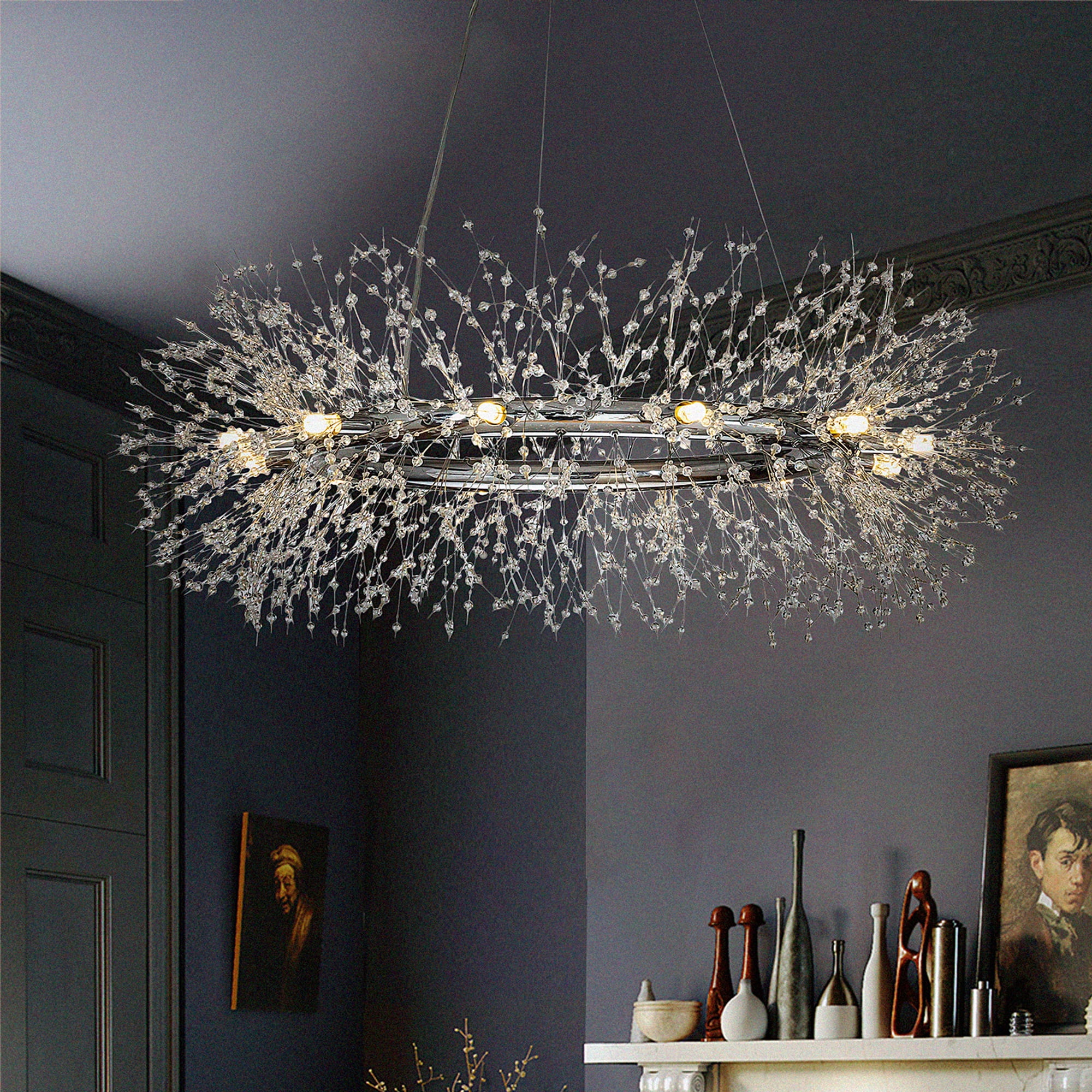 39 in. 12-Light Modern Firework Chrome Crystal Chandelier Glam Round ...