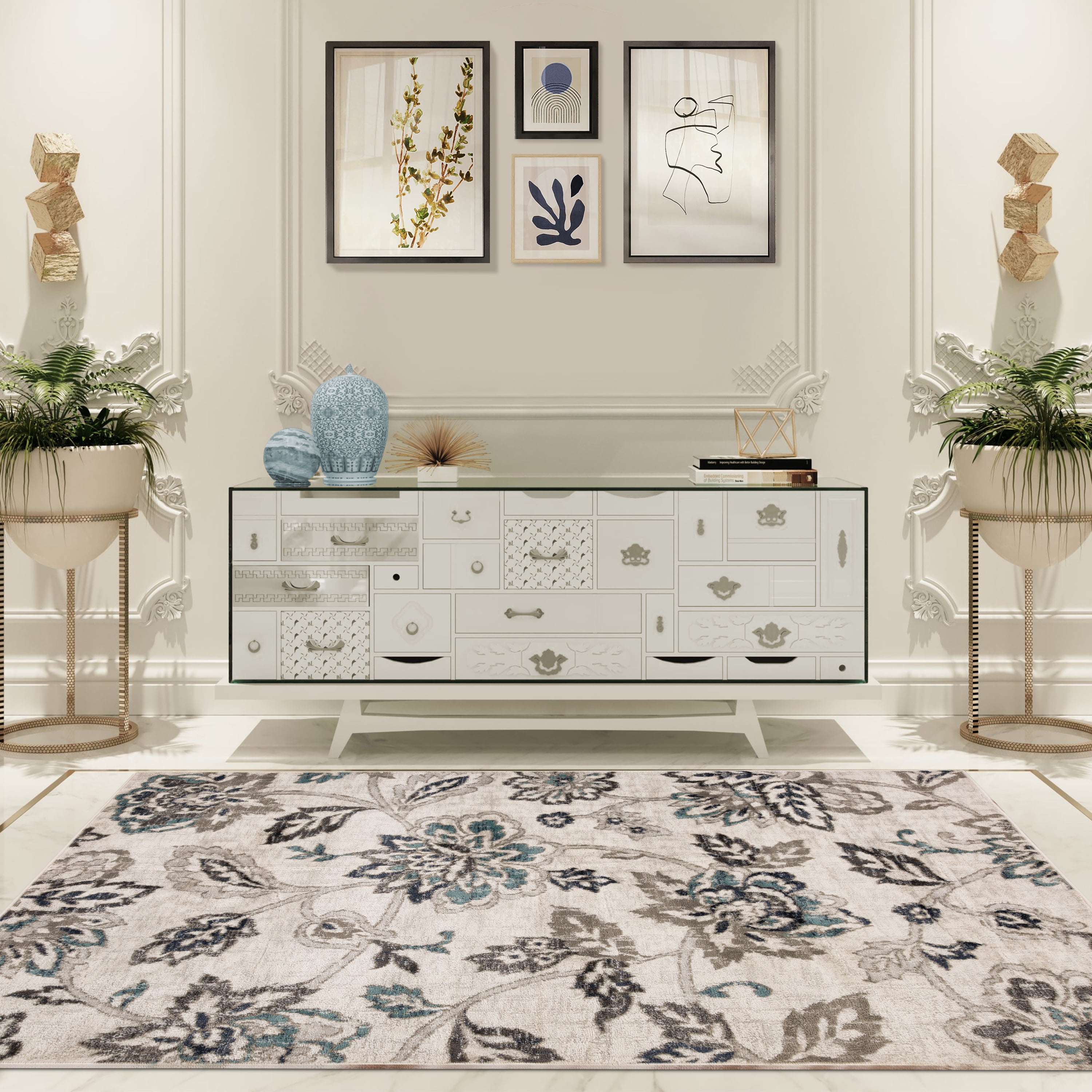 Floral Botanical Jacobean Area Rug, 8' x 10', Deep Royal - Walmart.com