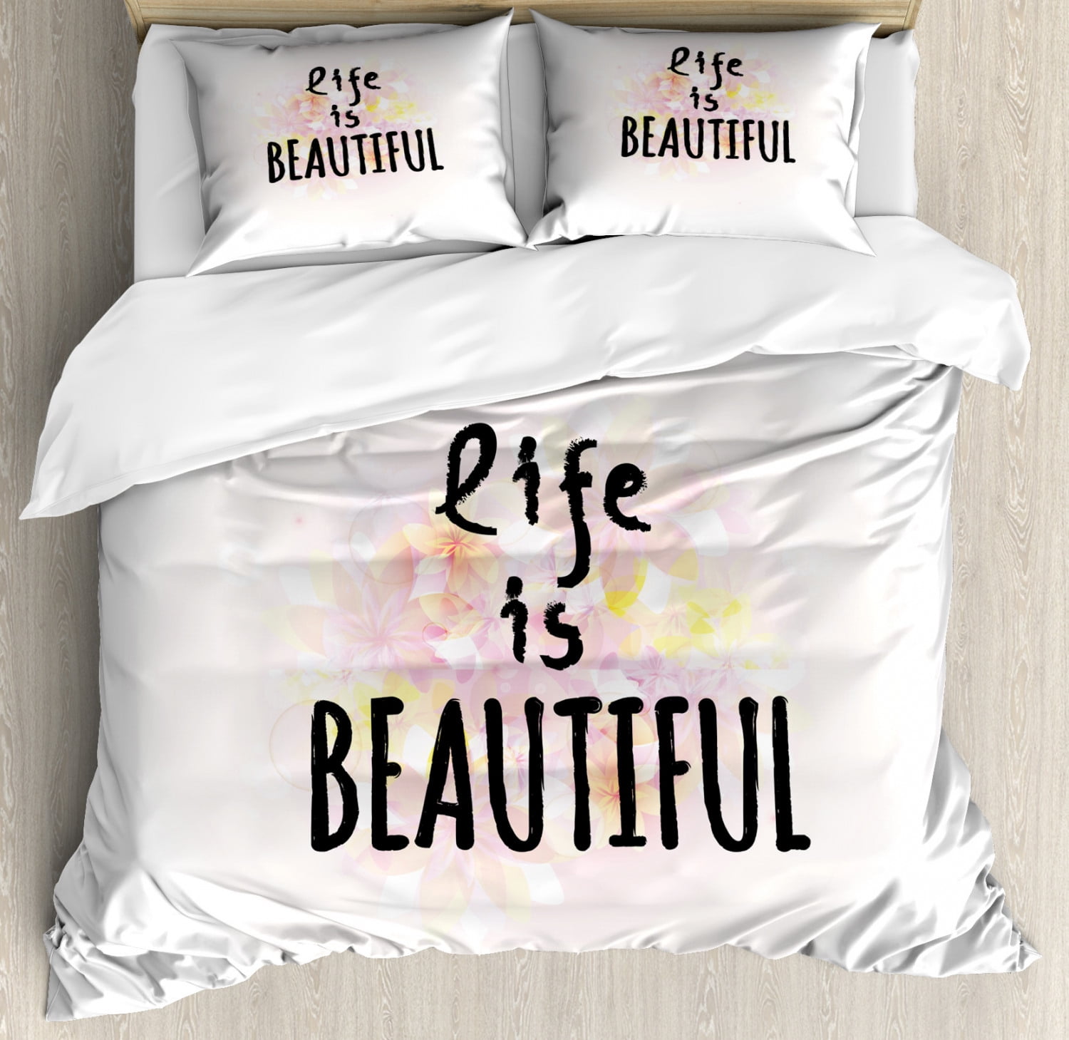 Quote Duvet Cover Set Queen Size, Handwritten Font of Life is Beautiful ...