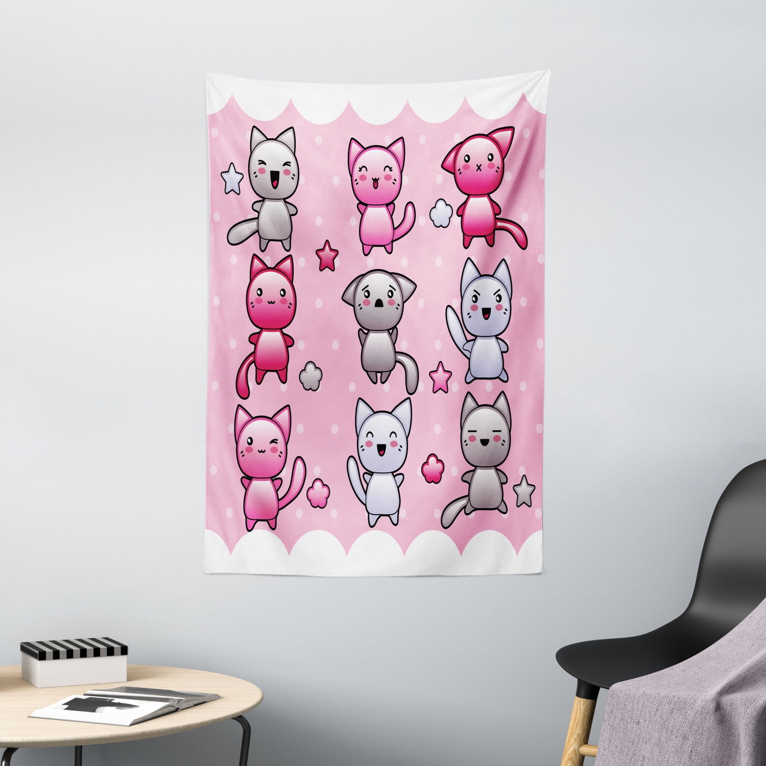 Anime Tapestry, For Kids Cute Kitty Doodles with Emotions Funny Animal ...