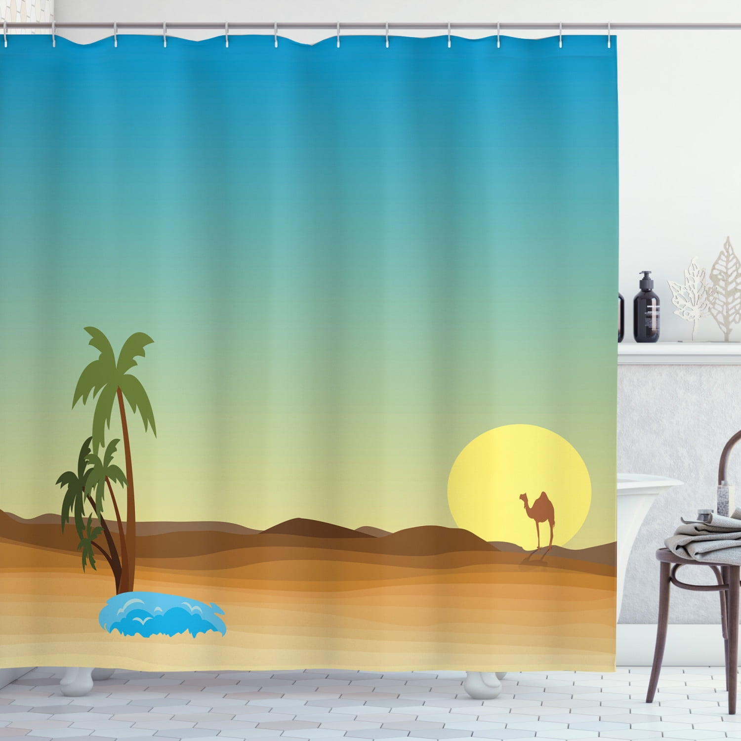 Oasis Shower Curtain, Pattern of Wildlife Composition Hot Weather Sun ...