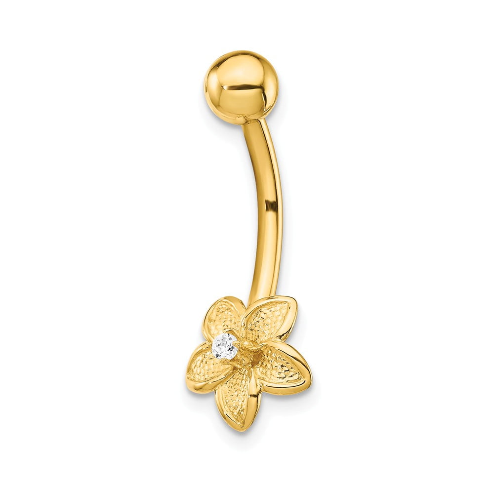 14K Yellow Gold Naval Jewelry 23.5 mm 9 14K CZ Flower Belly Ring ...