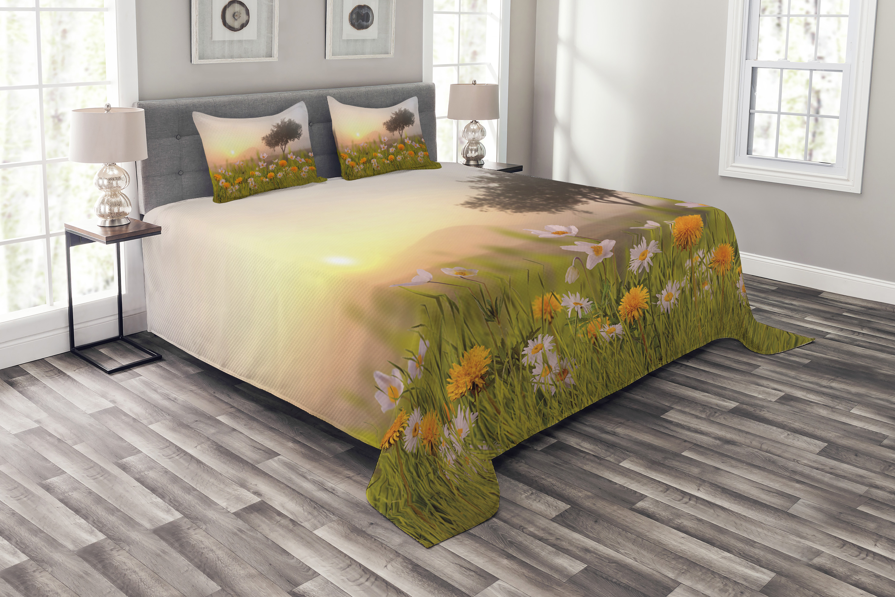 Nature Bedspread Set Queen Size, Daisy Flowers Meadow with Tree ...