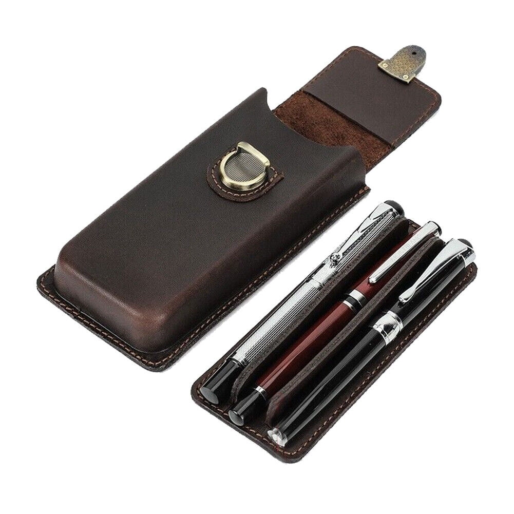 Handmade Genuine Leather 3 Slot Hard Fountain Pen Case Pen Storage Box ...
