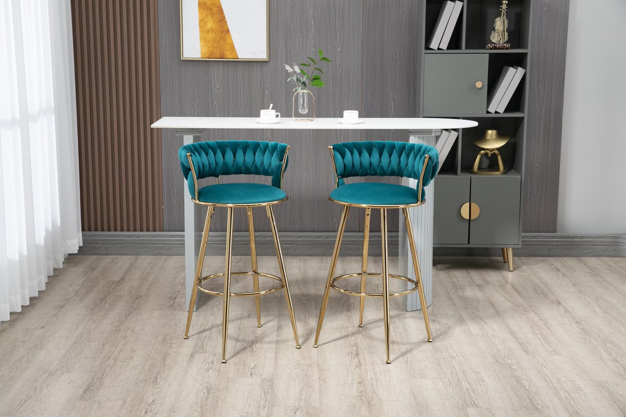 Bar Stools Set of 2, Modern Metal Bar Chairs with Curved Backrest and ...