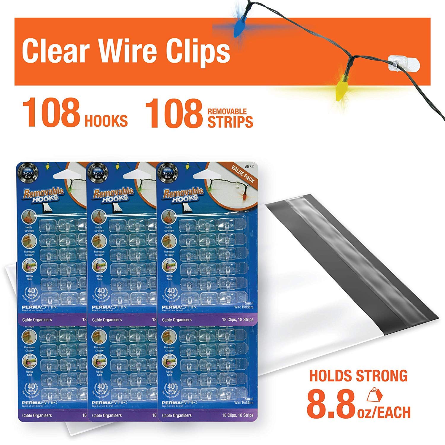 PermaStik Removable Adhesive Wire Clips, Holds 0.6 Pounds Each, 108 ...