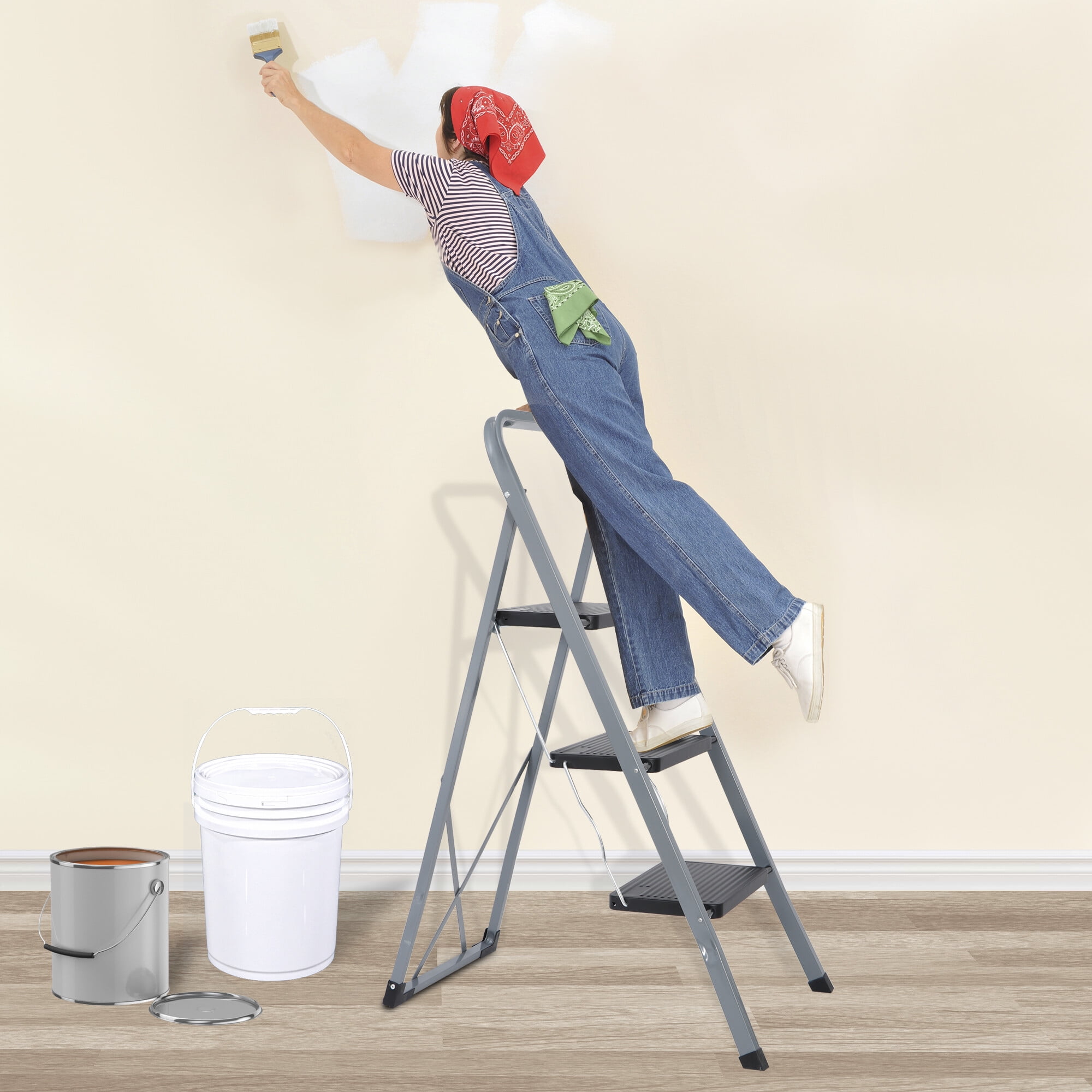 HomGarden Folding 3-Step Ladder, Steel Step Stool with Handgrip, Wide ...