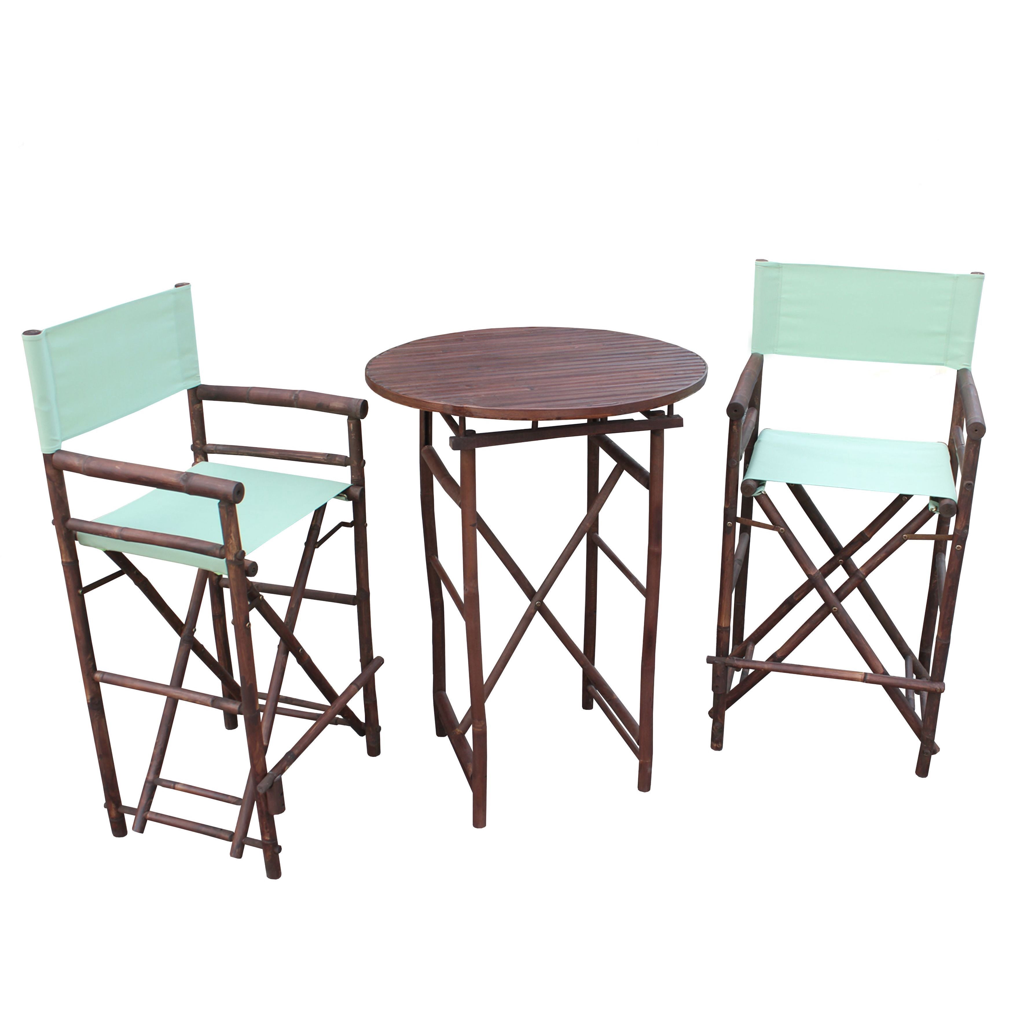Zew Bamboo Espresso Pub Set With 2 Black High Director Chairs & Round ...