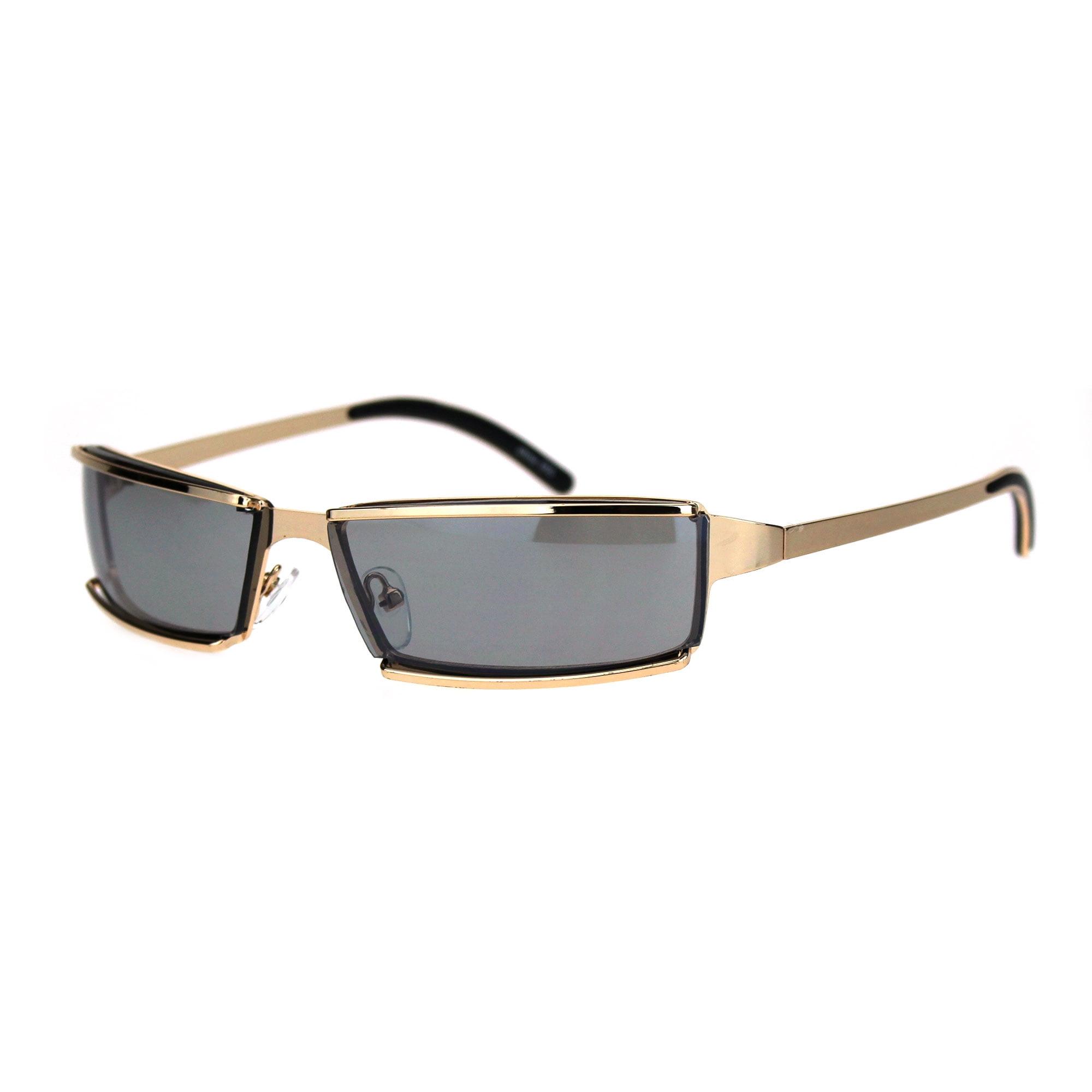 Mens Narrow Warp Rectangle Sport Mob Metal Rim Sunglasses Gold Black