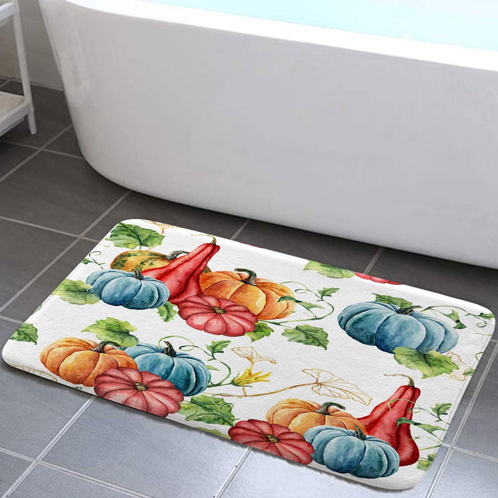 Fall Harvest Bath Mat, Thanksgiving Pumpkins Gourds with Leaves Bath ...