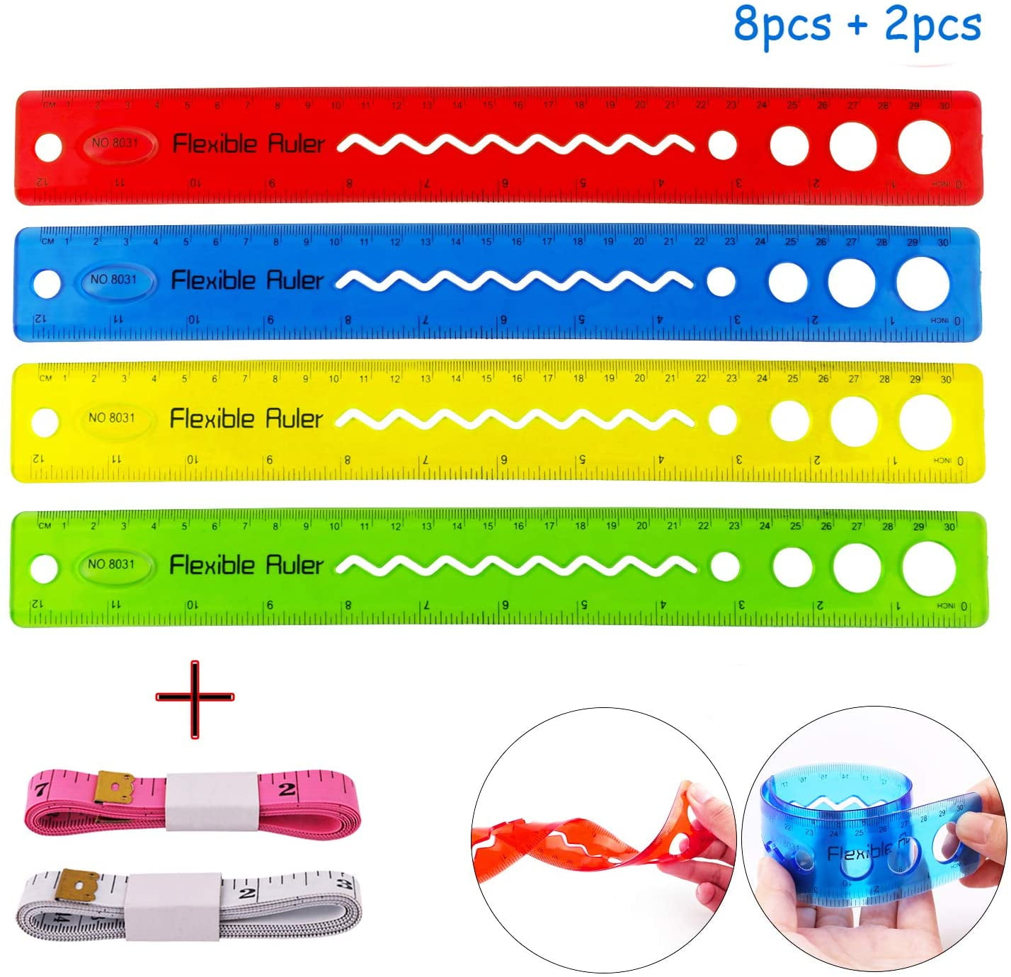 OOTSR 8pcs Flexible Ruler with 2 Soft Tape Measure, 30cm/12inch ...
