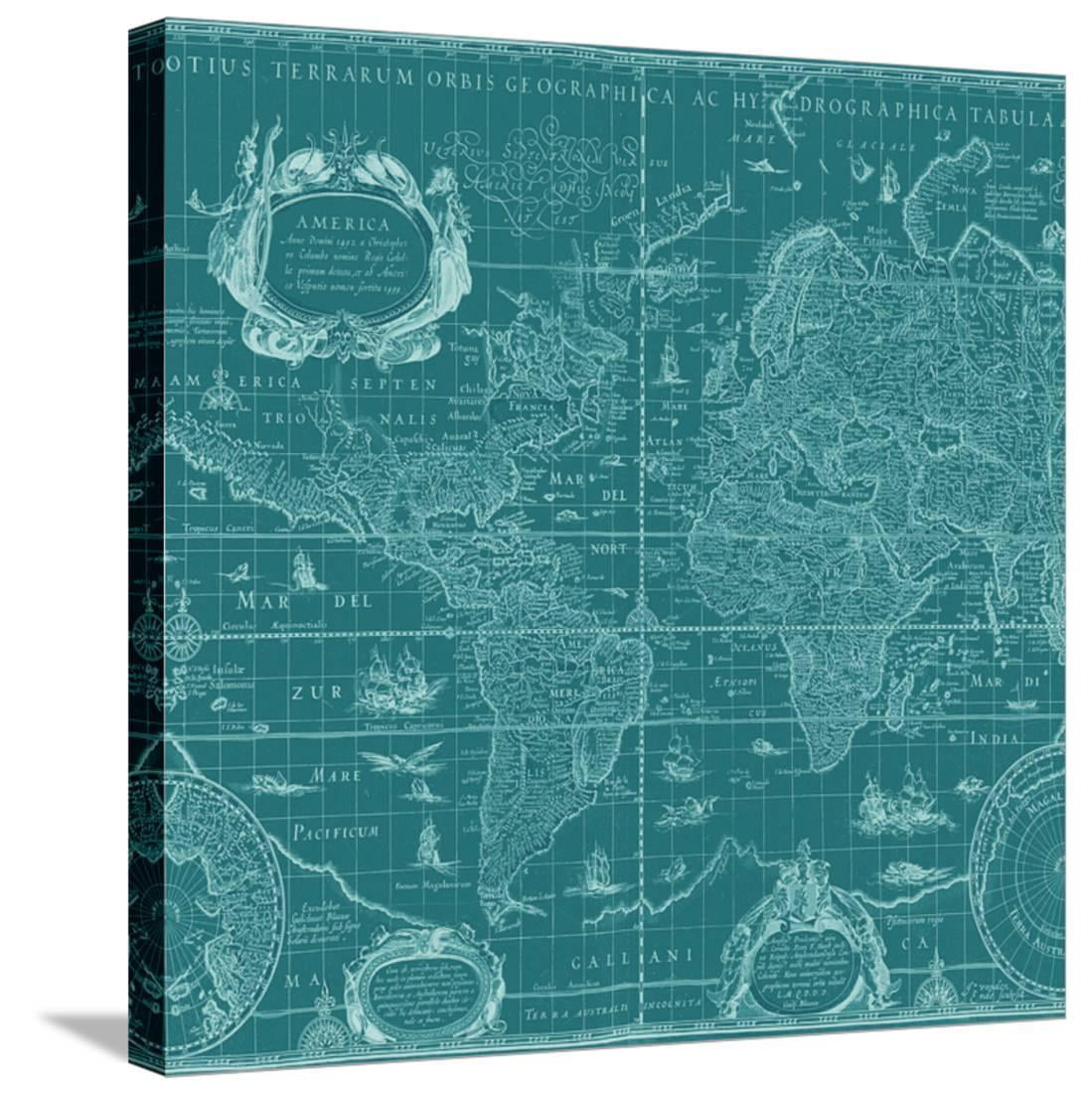 Blueprint World Map, Teal, Stretched Canvas Wall Art by Willem Blaeu ...