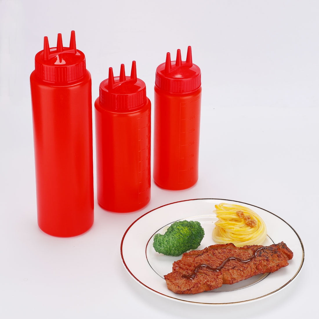 3 Hole Squeeze Squirt Bottles 15oz Ketchup Mustard BBQ Container Red ...