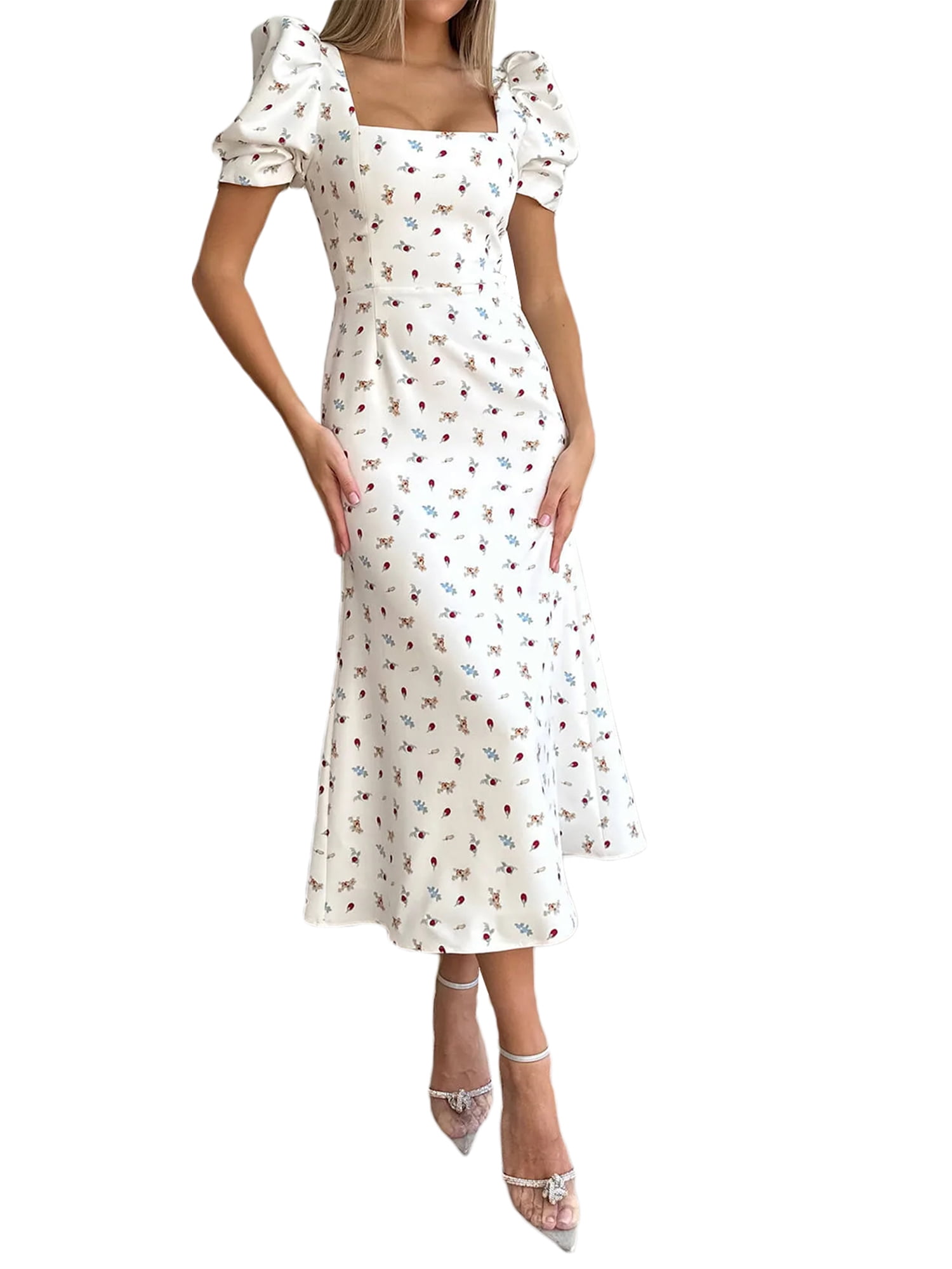 Honganda Women Summer Midi Dress Casual Short Puff Sleeve Floral Print ...