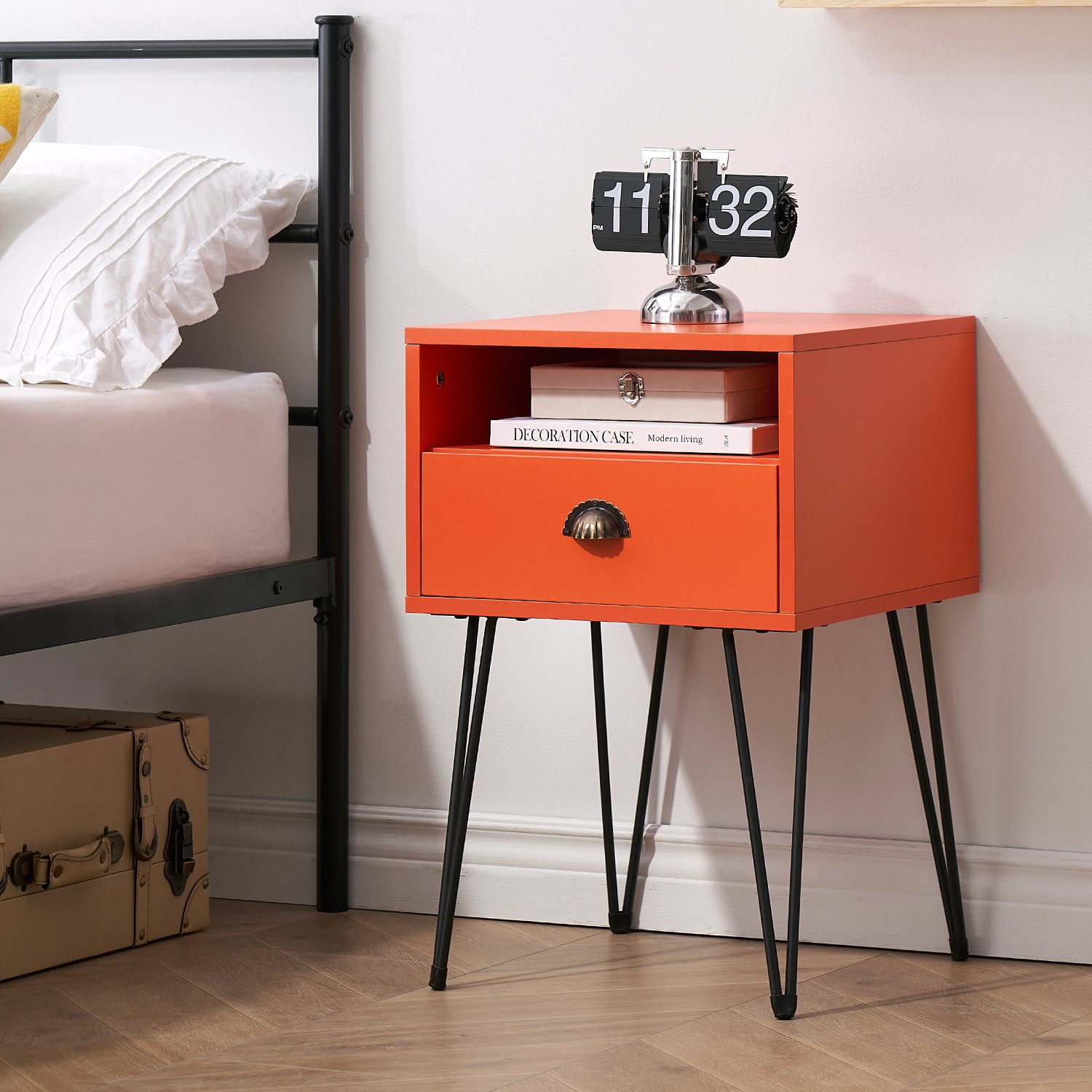 VECELO Nightstand with 1-Drawer and Metal Legs, Sofa End Table for ...