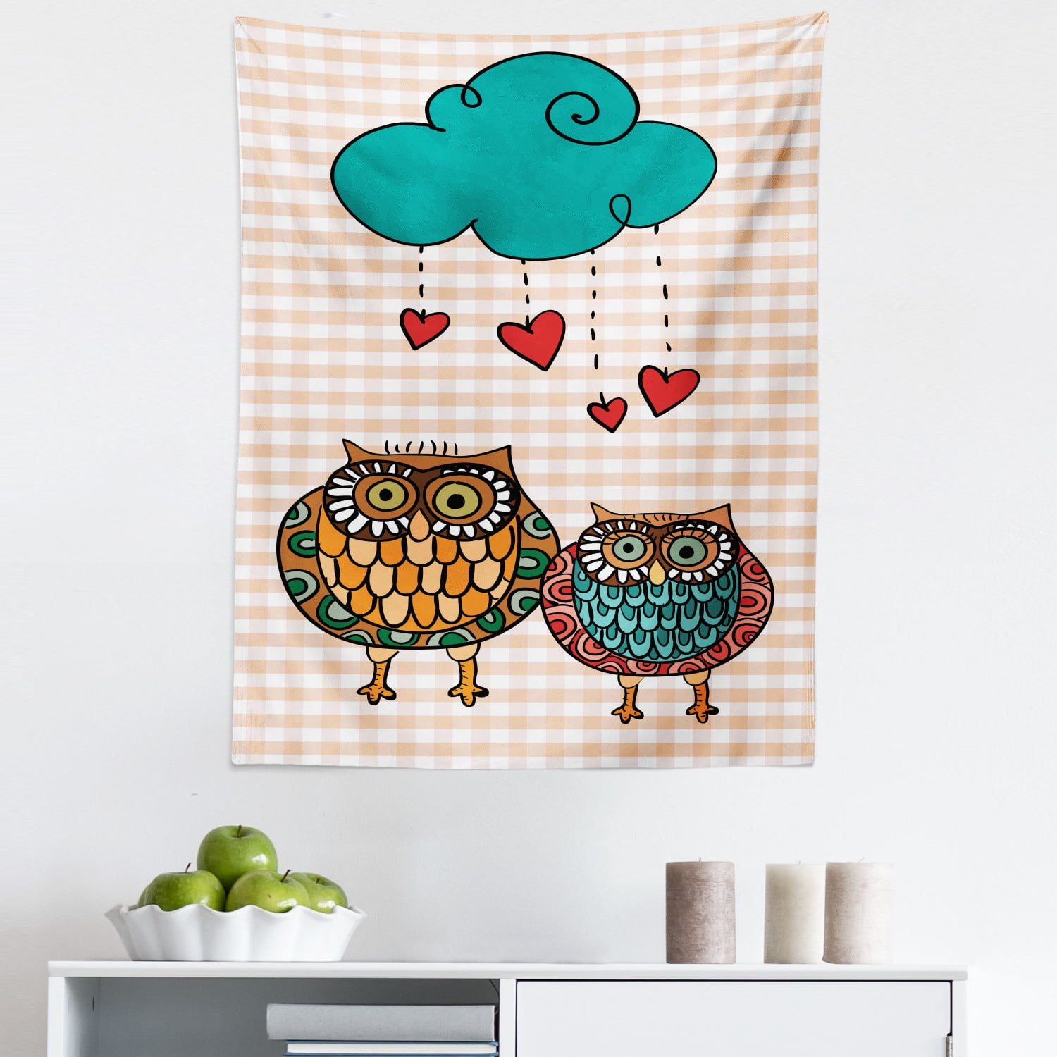 Owl Tapestry, Bird Couple in Love Rain Clouds Design Art Ornamental ...