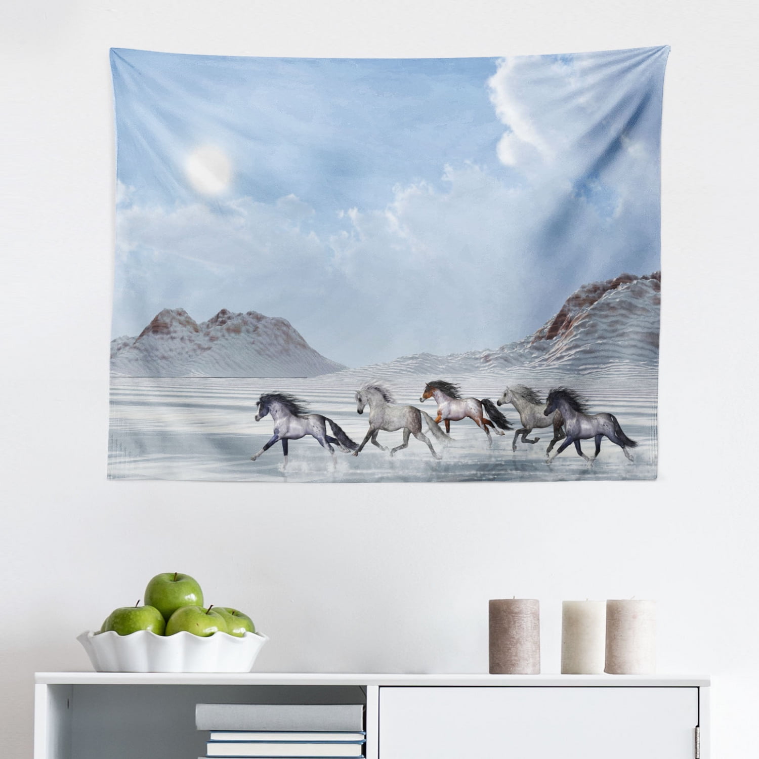 Horses Tapestry, Portrait of Galloping Friesian Horse with Hot Sun Rays ...