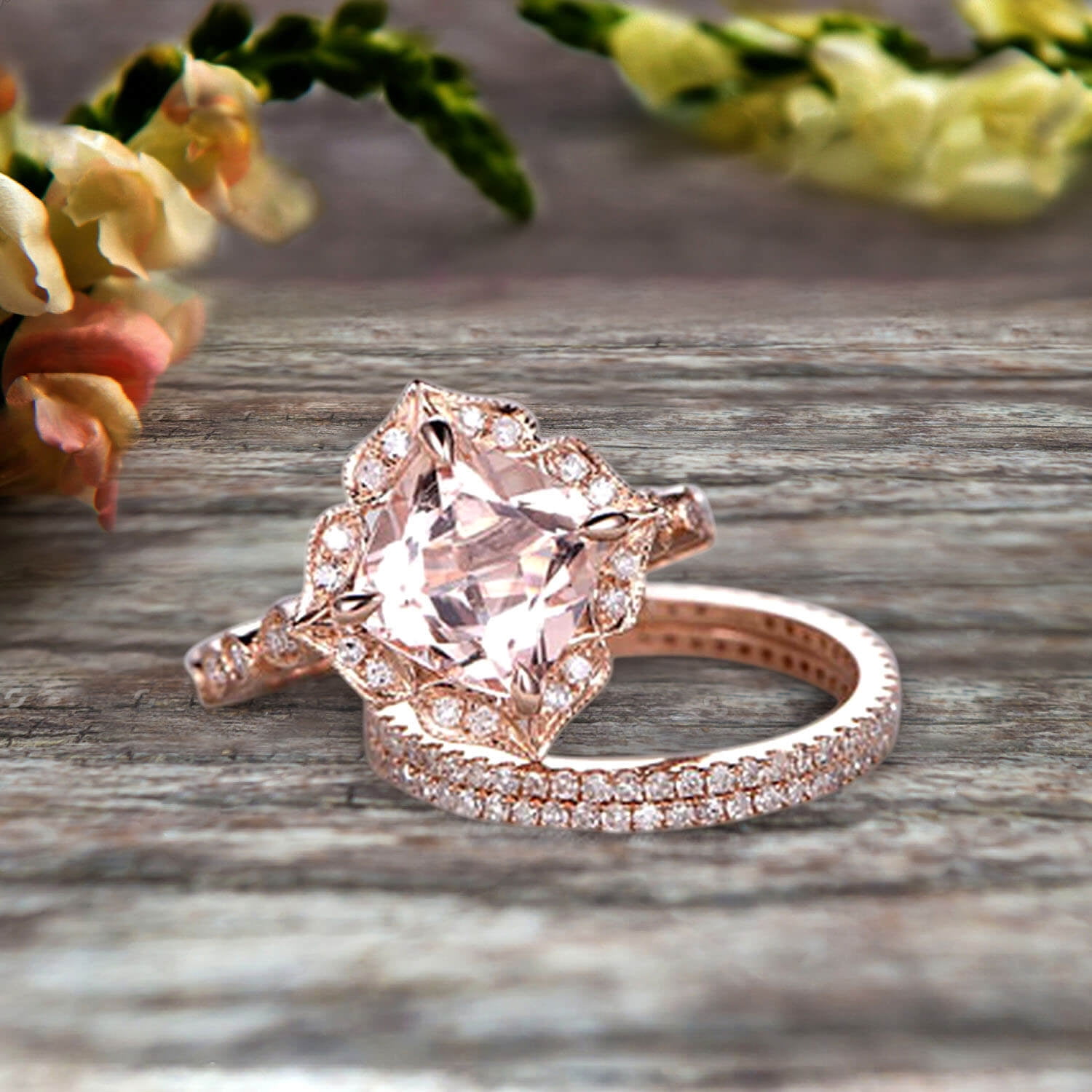 Trio Set 10k Rose Gold 2 Carat Morganite Wedding Set Engagement Ring ...