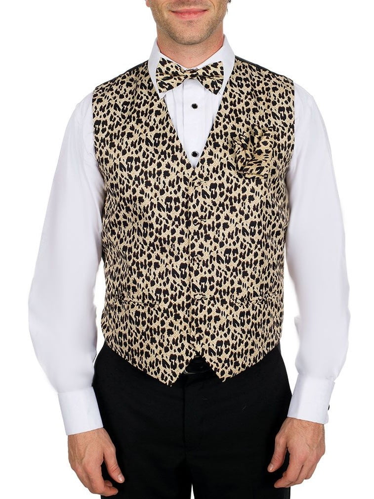 Men's Tan - Brown - Black Leopard Print Vest Bow Tie and Hanky Set ...