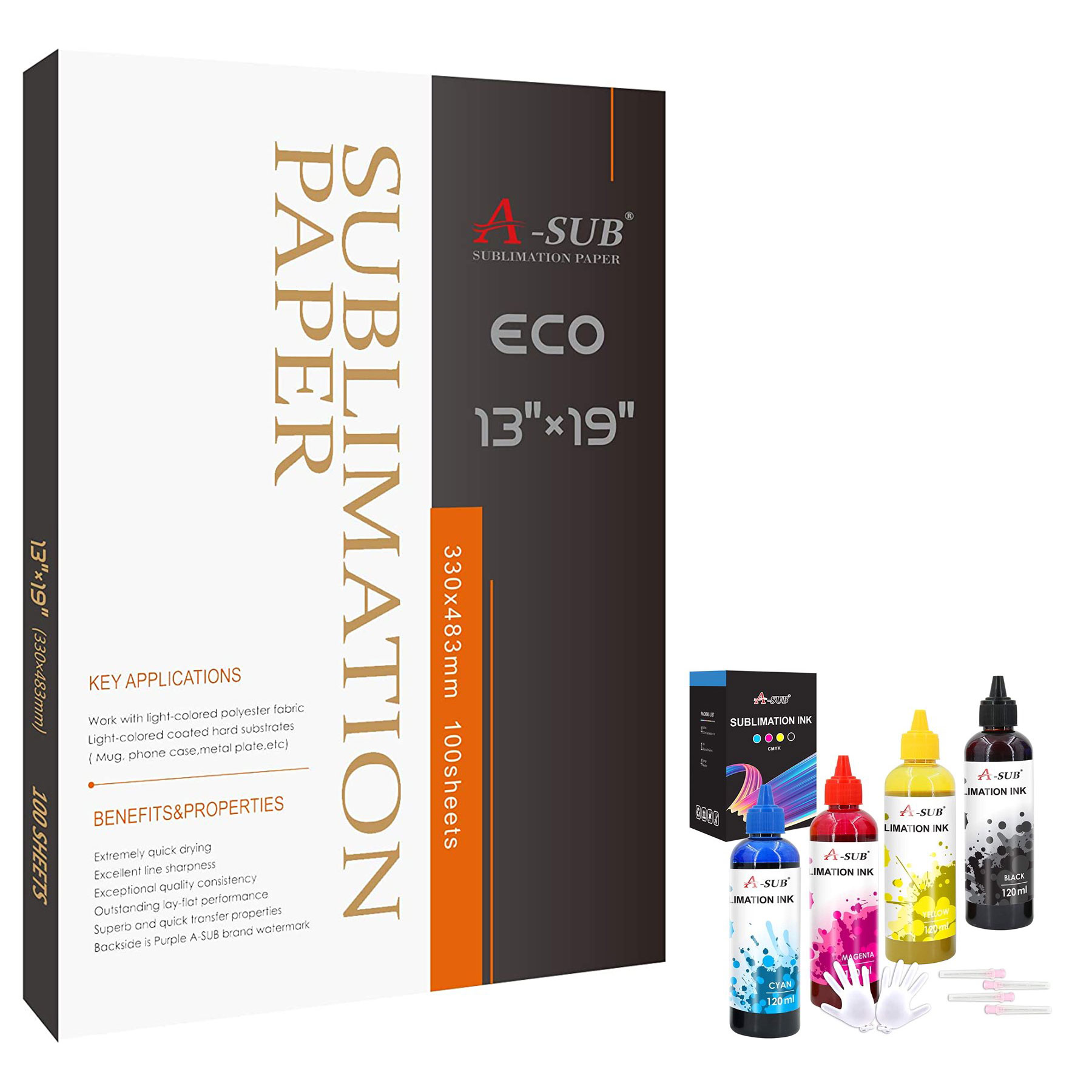 A-SUB 100 Sheets Sublimation Paper 13X19 inches + 4x 120ml DYE ...