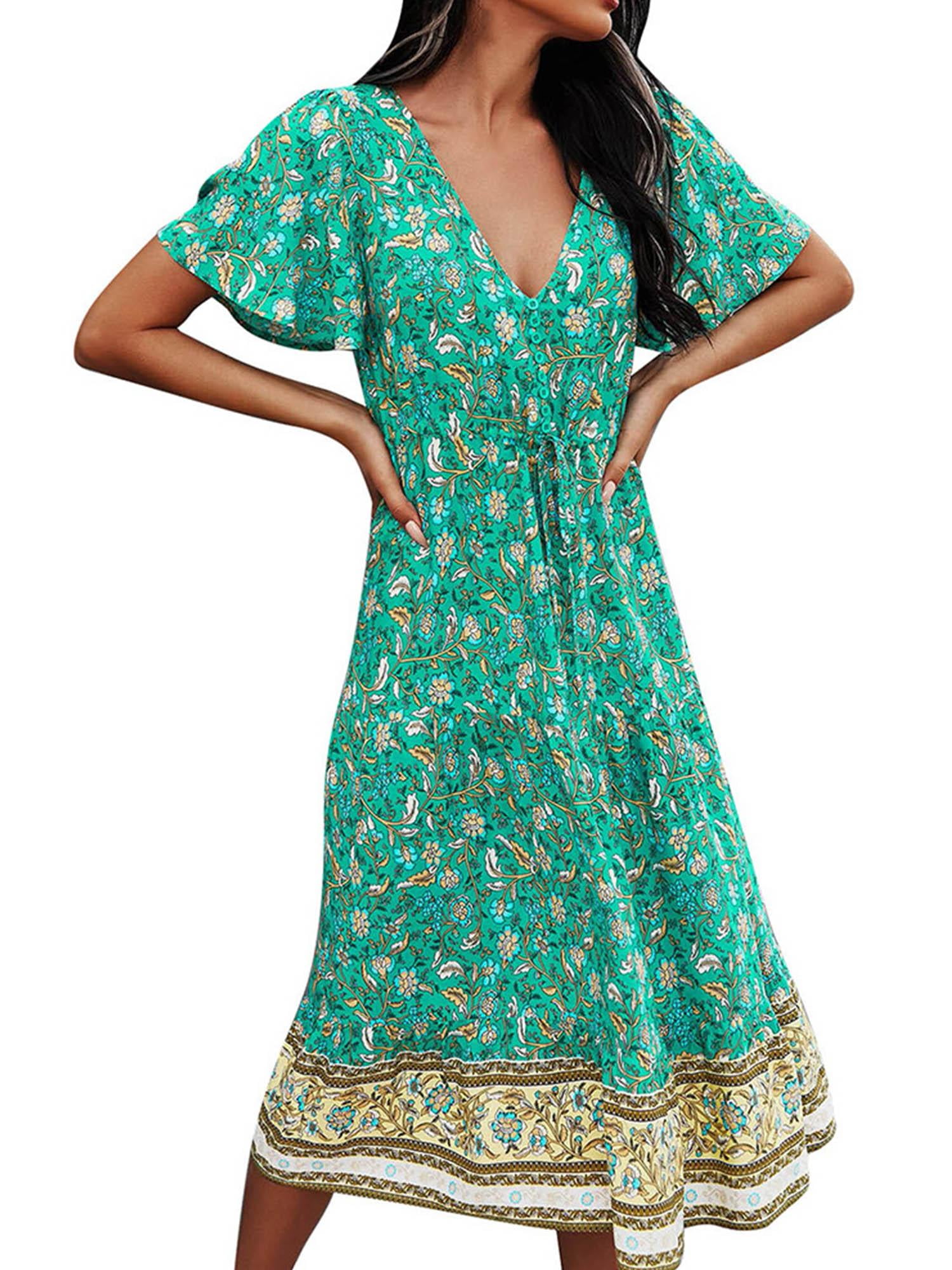 JustVH Women Beach Floral Print Maxi Sundress Short Sleeve Bohemian ...