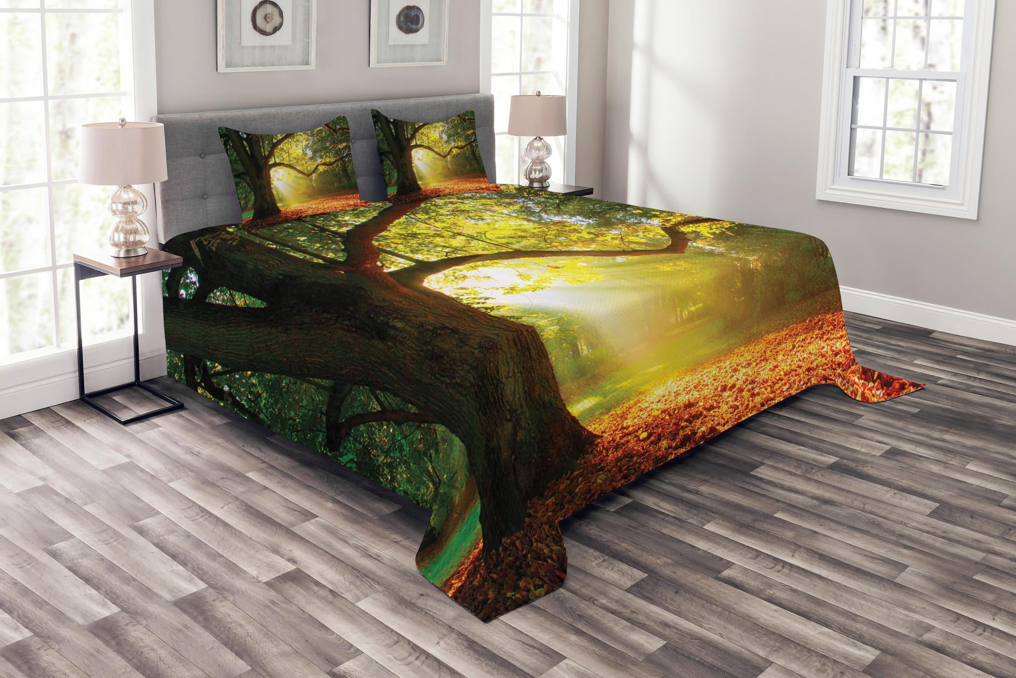 Leaves Bedspread Set Queen Size, Majestic Mighty Oak Tree with Largely ...