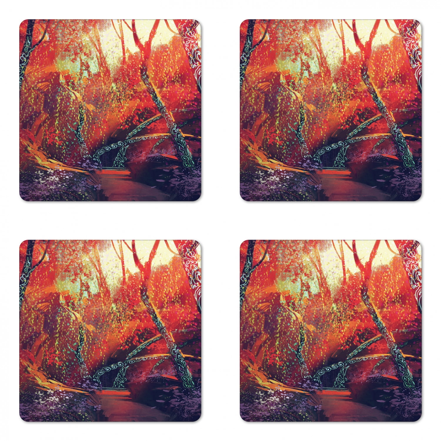 Fantasy Coaster Set of 4, Fall Autumn Scenery in Habitat Fairy Tale ...