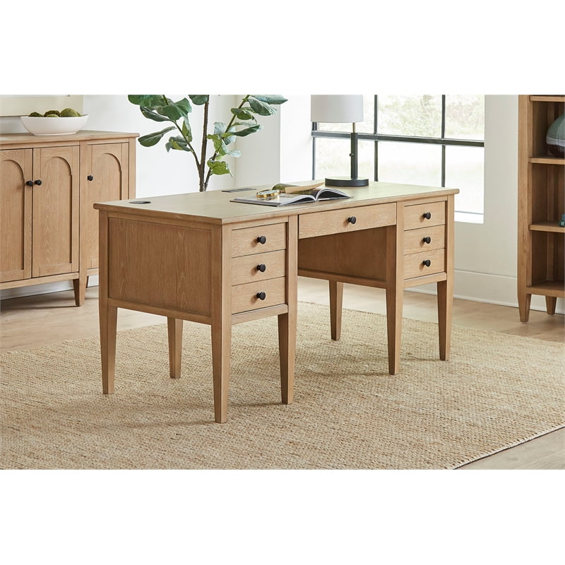 Modern Wood Half Pedestal Desk Wood Fully Assembled Light Brown ...