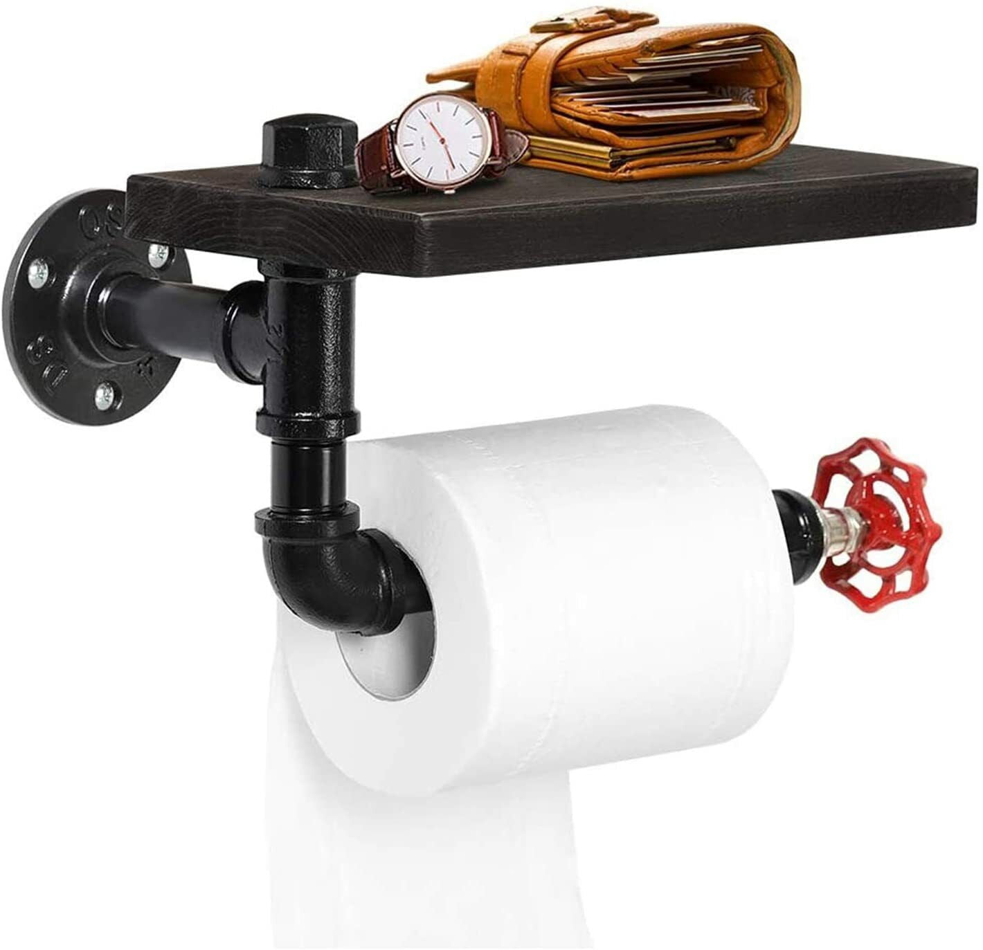 Bathroom Toilet Paper Holder Tissue Roll Rack Wooden Shelf Metal Pipe ...
