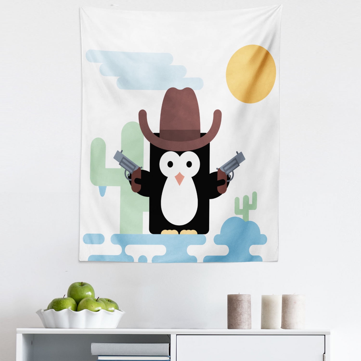 Rodeo Tapestry, Cowboy Penguin with Tools and a Hat in Front of Cactus ...