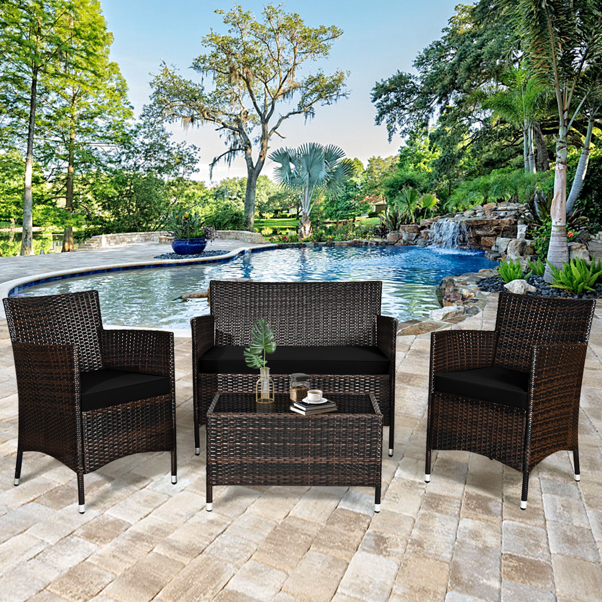 Click here for Gymax 4pcs Patio Rattan Conversation Furniture Set... prices