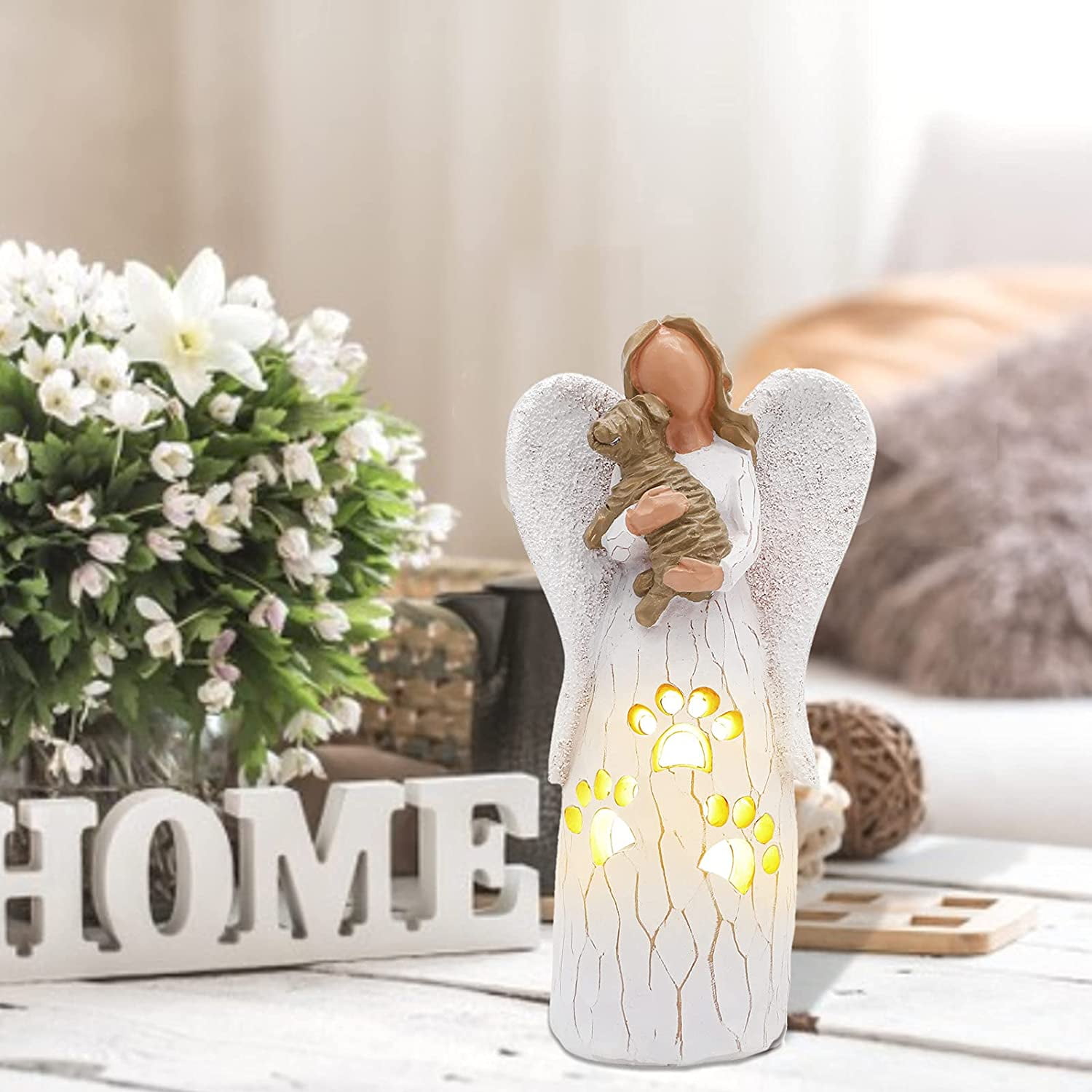 Angel and Dog Candle Holder, Resin Sculpture Crafts with Flickering LED ...