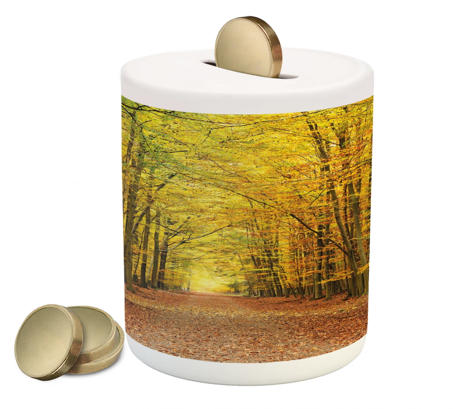 Fall Piggy Bank, Pathway in Autumn Forest with Faded Seasonal Leaves ...