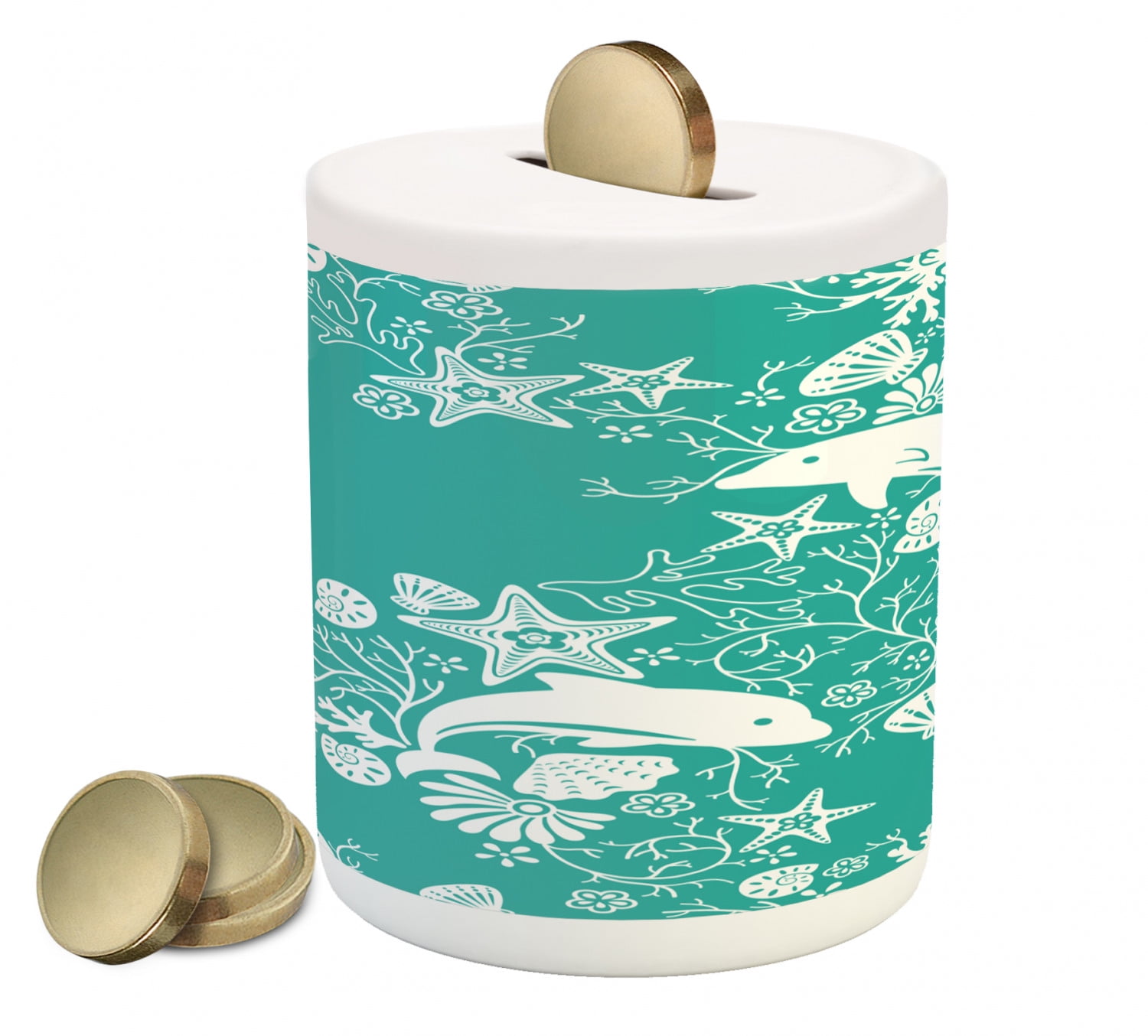 Sea Animals Piggy Bank, Dolphins Flowers Sea Floral Pattern Starfish ...