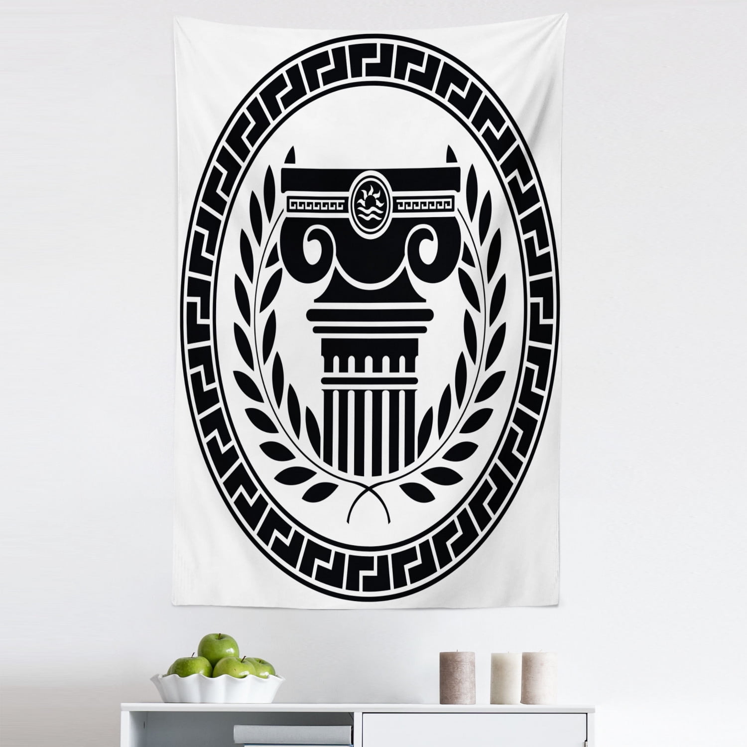 Retro Tapestry, Hellenic Column and Laurel Wreath Heraldic with Olive ...