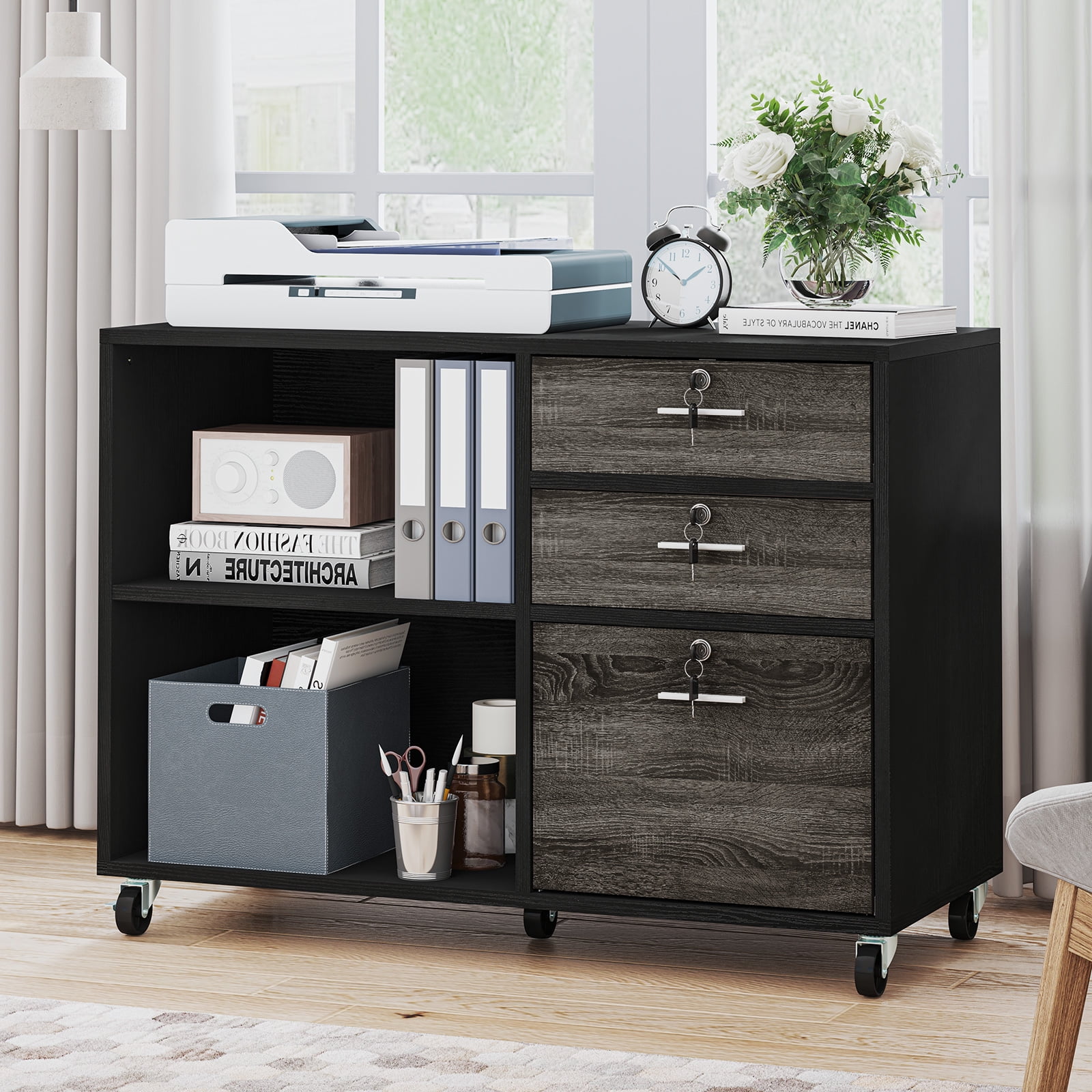 DWVO Mobile Printer Stand 3-Drawer Wood File Cabinet, Black - Walmart.com