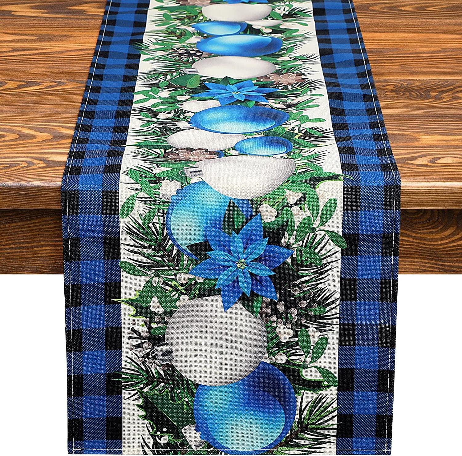 JOOCAR Christmas Table Runner, Blue Black Buffalo Plaid Holly Berry ...