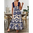 Blue Vintage Floral Print Tie-Shoulder Cut-Out Waist Maxi Dress For ...