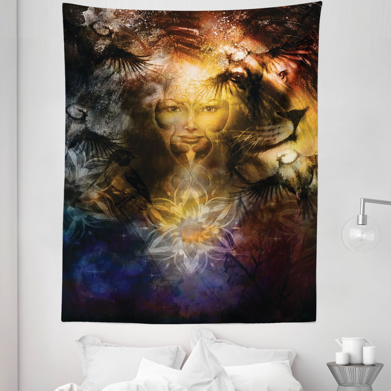 Fantasy Tapestry, Woman Portrait Lion and Flower Pattern Phoenix Bird ...