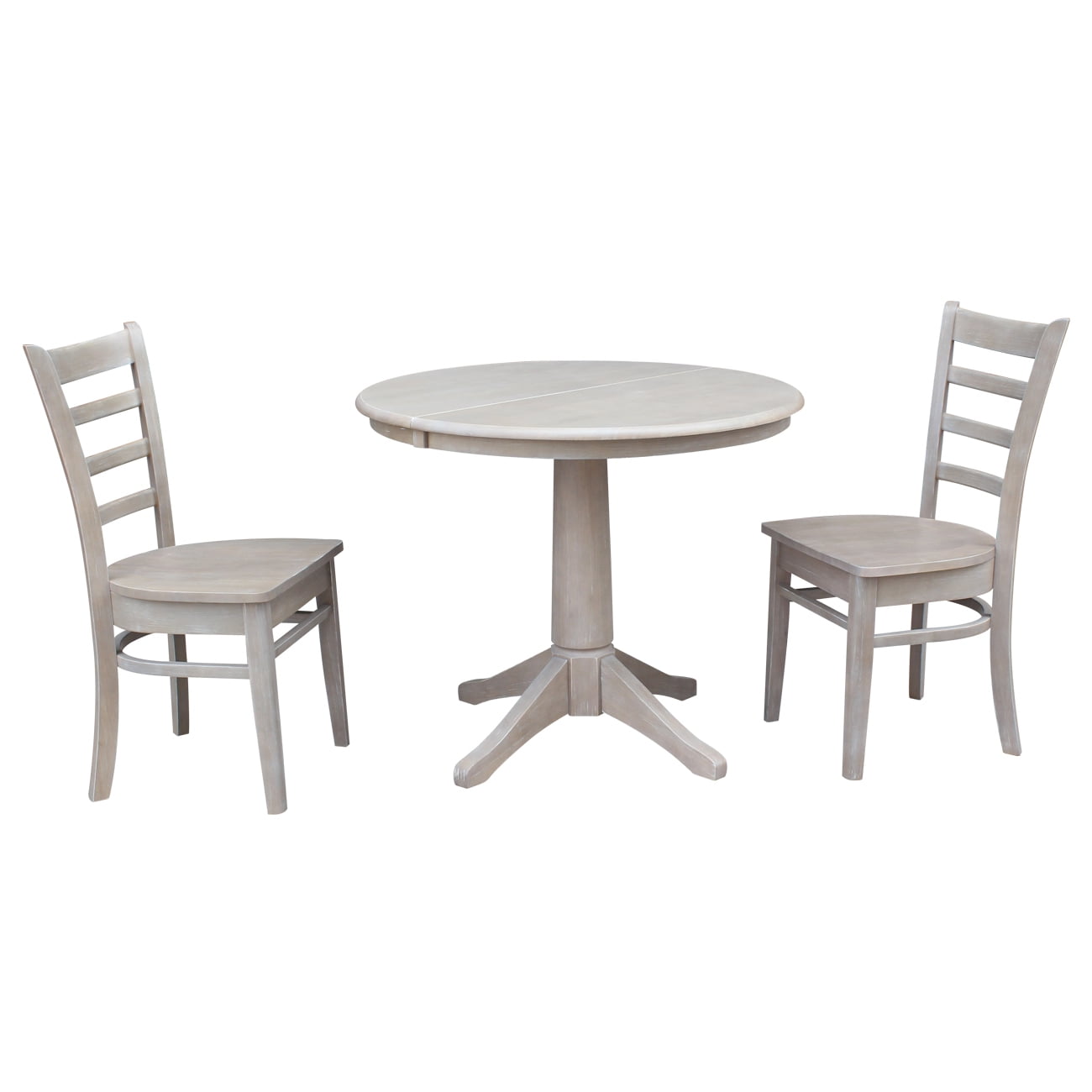 36" Round Dining Table with 12" Leaf and 2 Emily Chairs – Washed Gray ...