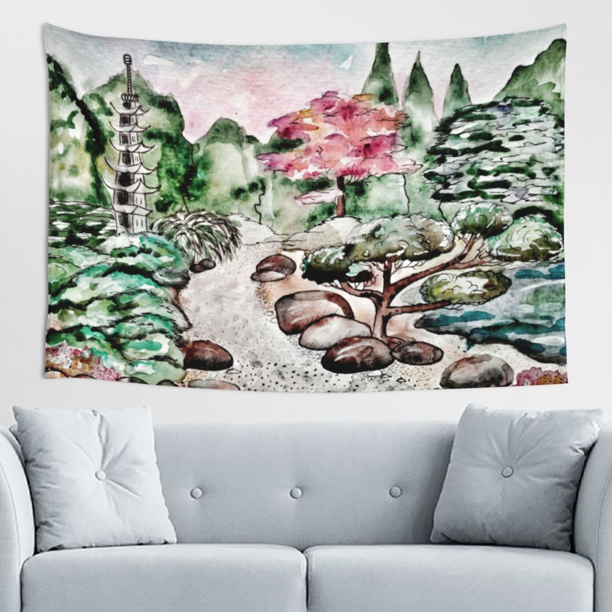Watercolor Japanese Garden Tapestry, East Nature Art Drawing Wall ...