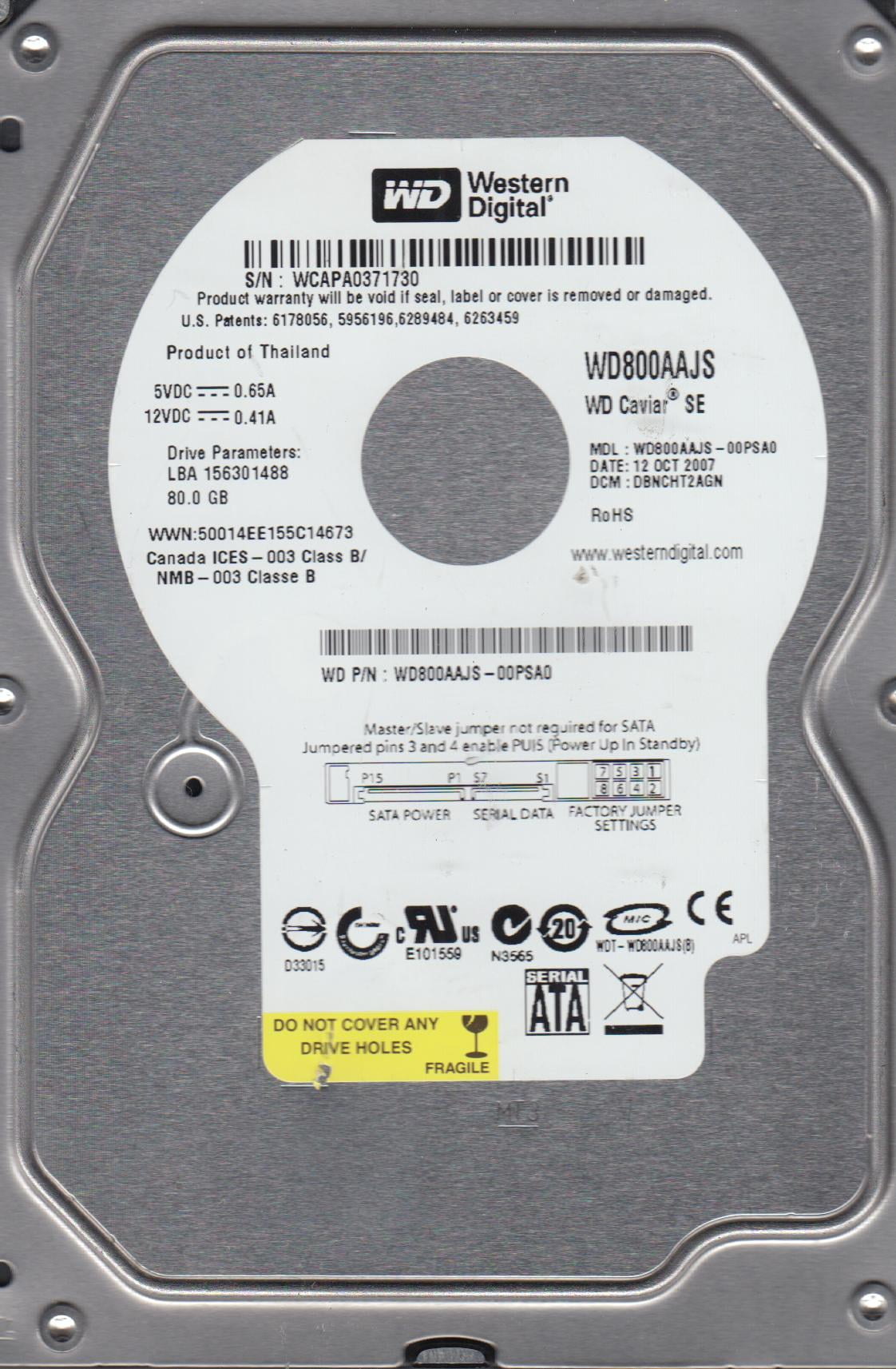 WD800AAJS-00PSA0, DCM DBNCHT2AGN, Western Digital 80GB SATA 3.5 Hard ...