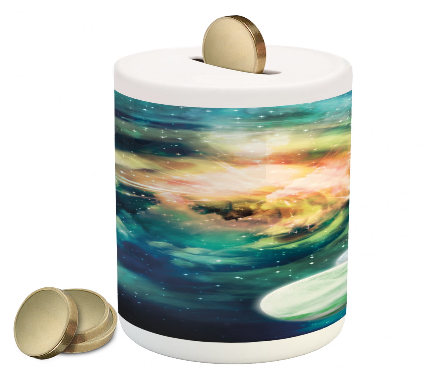 Space Piggy Bank, Spiral Anromeda Galaxy with Planets Cosmos Fantasy ...