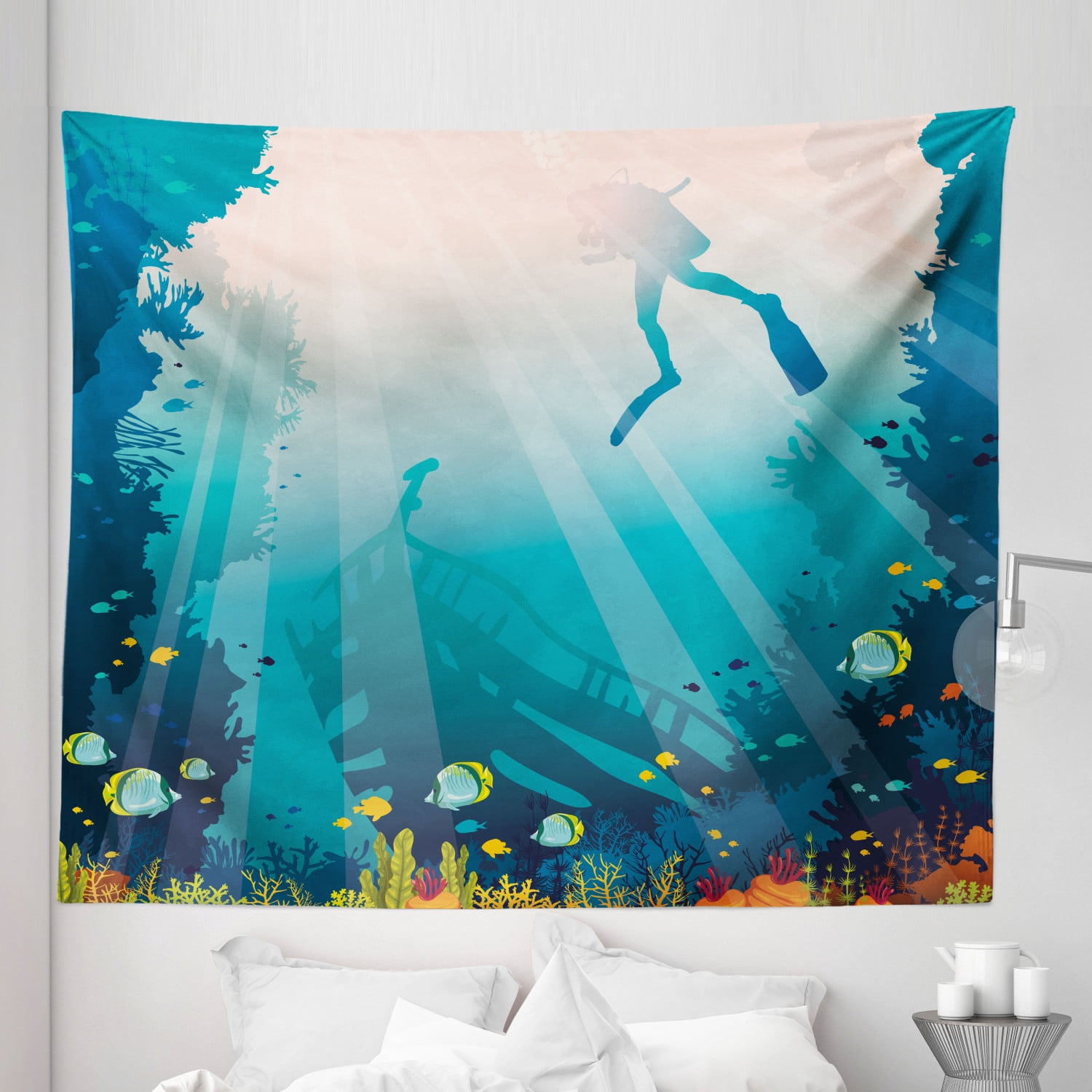 Sea Life Tapestry, Silhouette of a Scuba Diver Sunken Ship and Coral ...