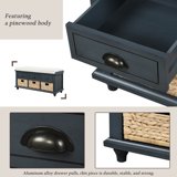 Bellemave Navy Blue Storage Shoe Bench with 3 Drawers and 3 Rattan ...