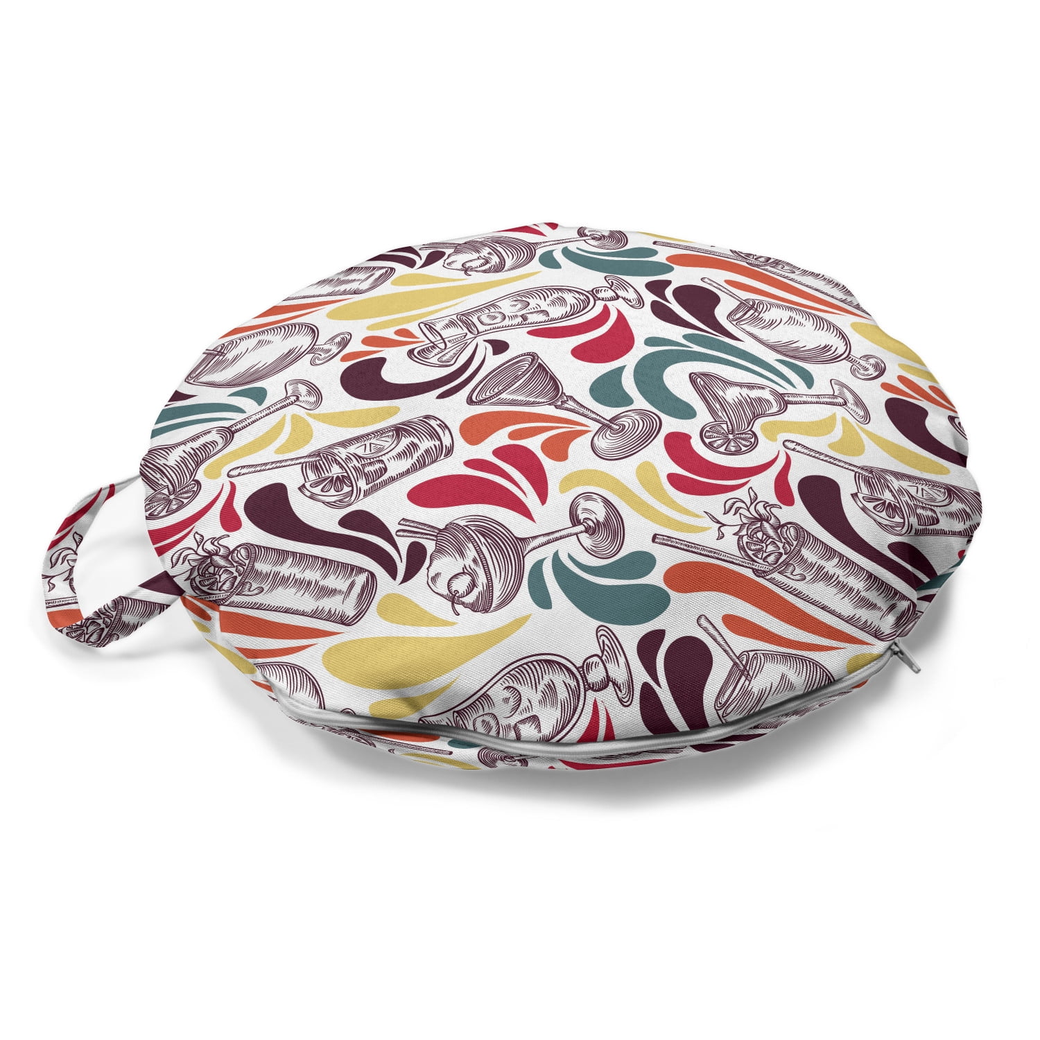 Retro Round Floor Cushion with Handle, Vintage Colorful Cocktails Party ...
