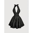 Black Halter Neck Bow Tie Mini Dress With Floral Embossed Lace Fabric ...