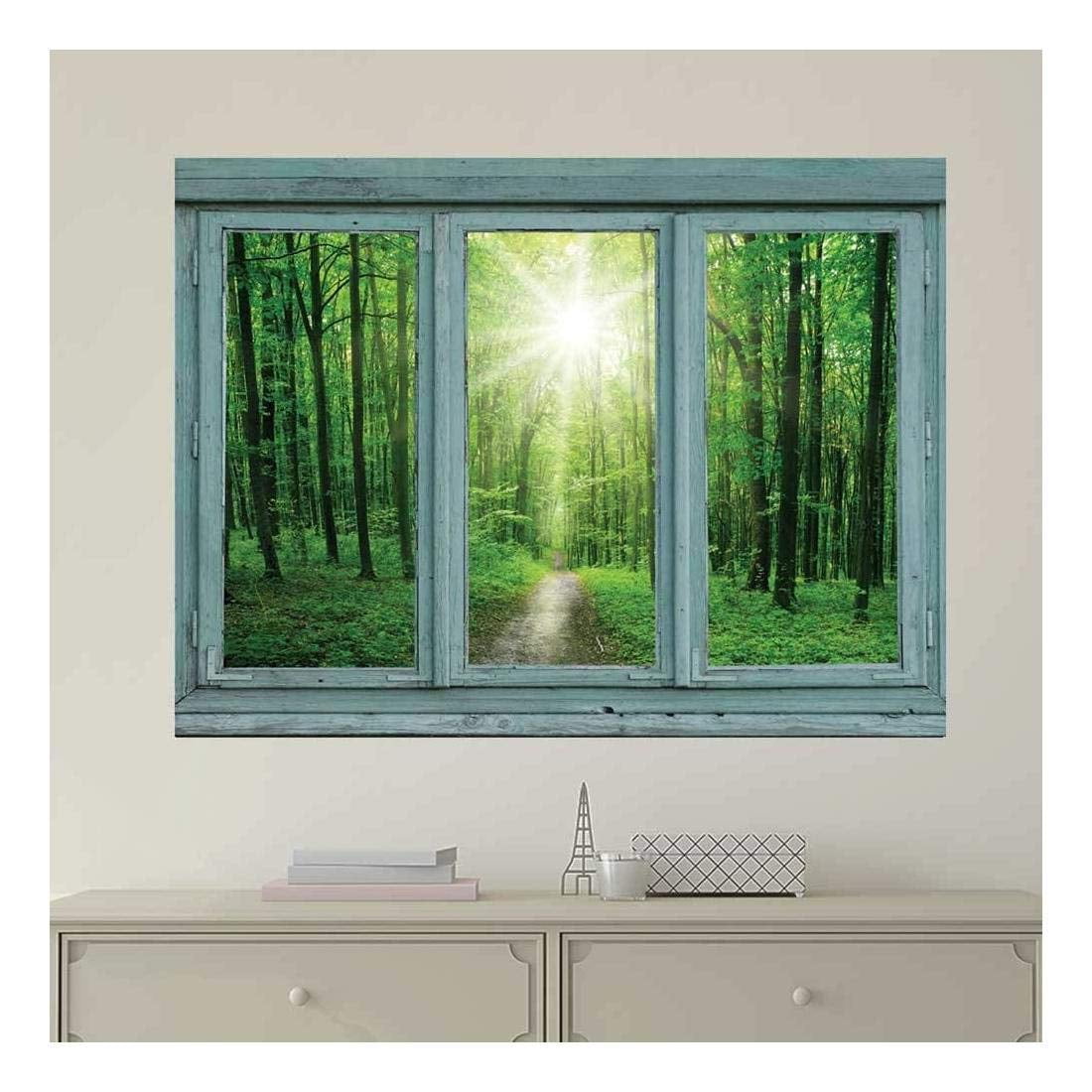 wall26 Vintage Teal Window Looking Out Into a Green Forest and the Sun ...