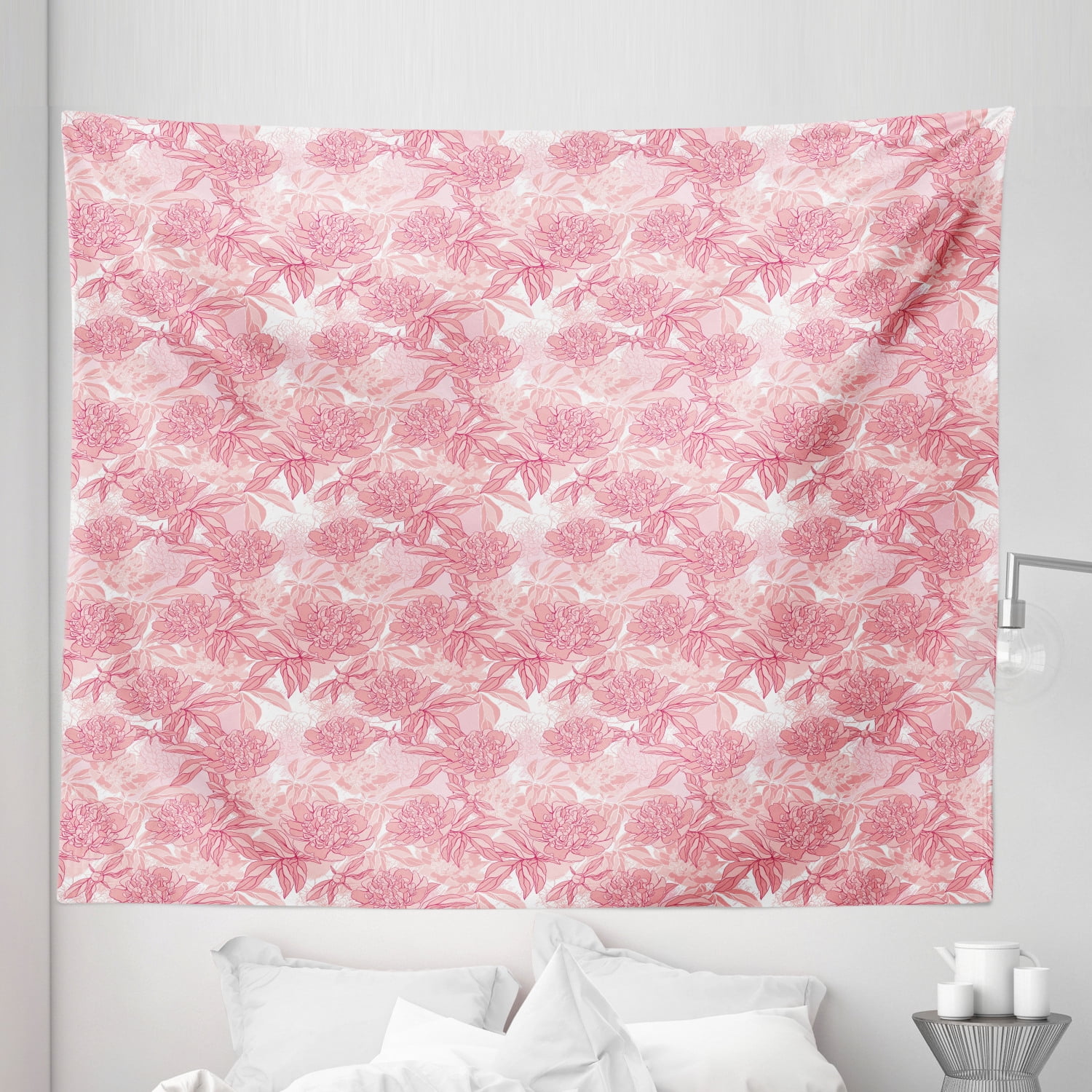 Rose Tapestry, Monochrome Pattern with Peony Foliage Hand Drawn ...