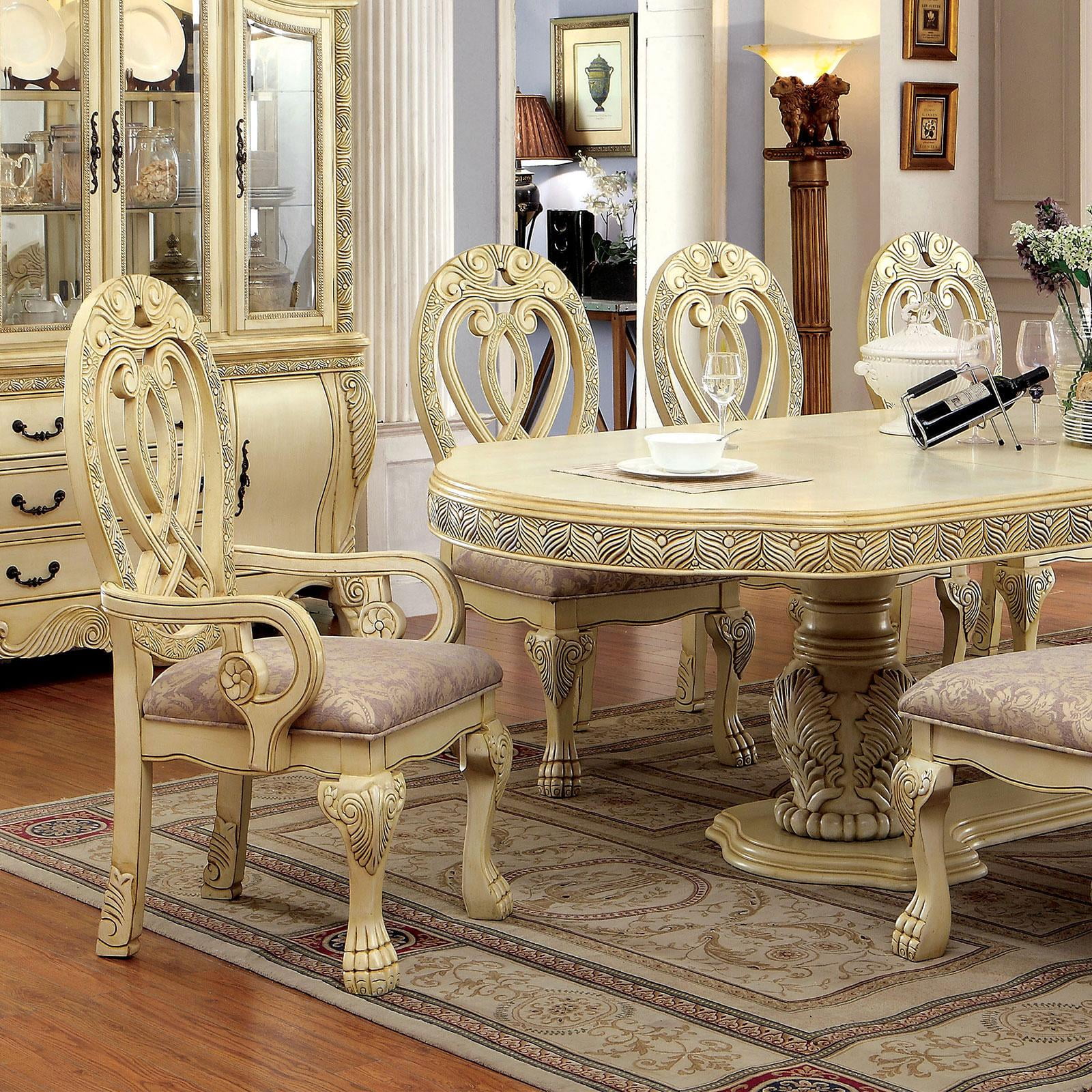 Traditional Vintage White & Beige Solid Wood Dining Room Set 7pcs FOA ...